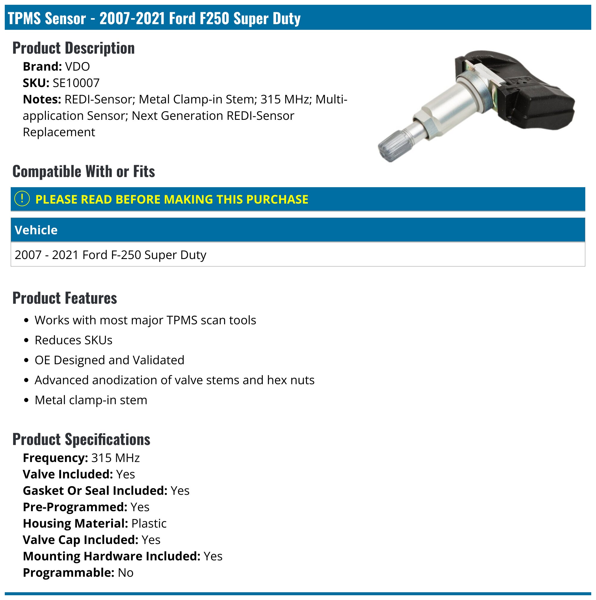 2007-2022 Ford F250 Super Duty Tire Pressure Monitoring Sensor - VDO ...
