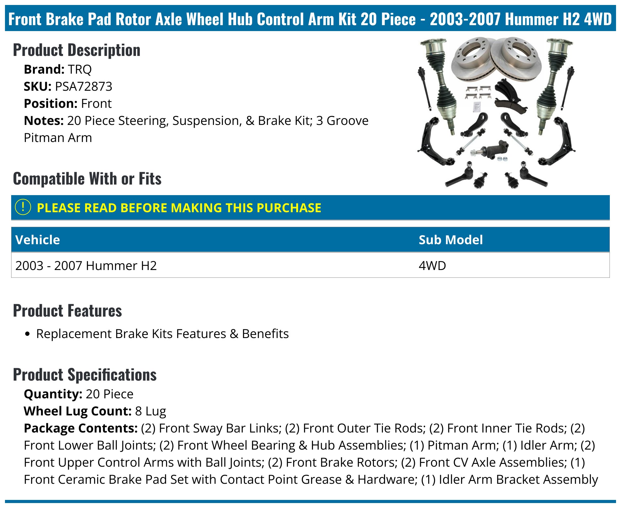 2003-2007 Hummer H2 Brake Pad Rotor Wheel Hub Control Arm Kit - TRQ ...
