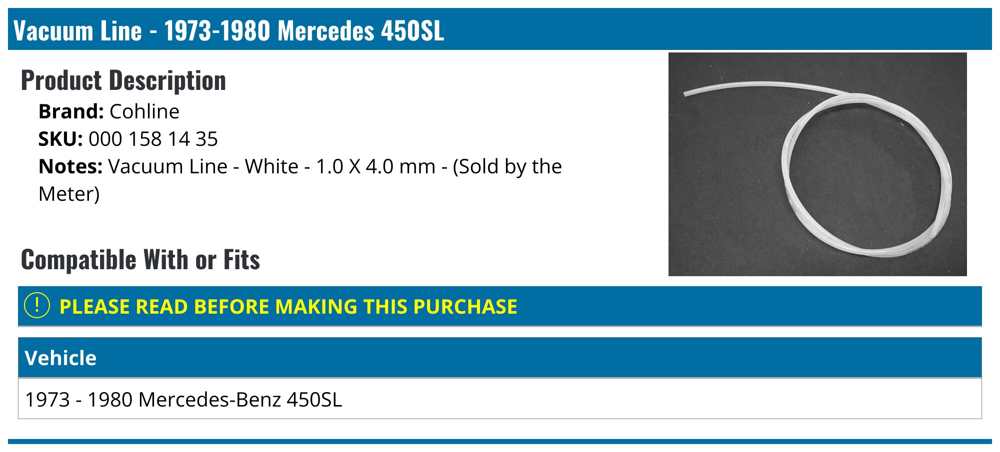1973-1980 Mercedes 450SL Vacuum Line - Cohline 000 158 14 35 ...