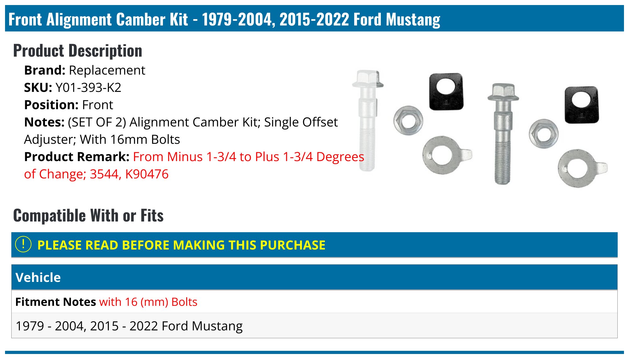 1979-2004, 2015-2022 Ford Mustang Alignment Camber Kit - Replacement ...