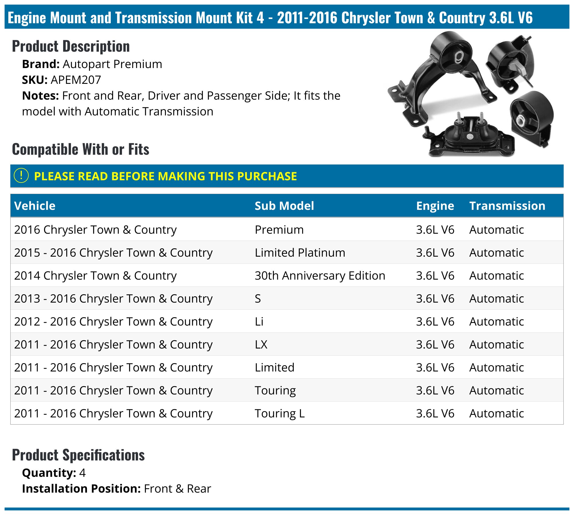 2011-2016 Chrysler Town & Country Engine Mount - Autopart Premium ...