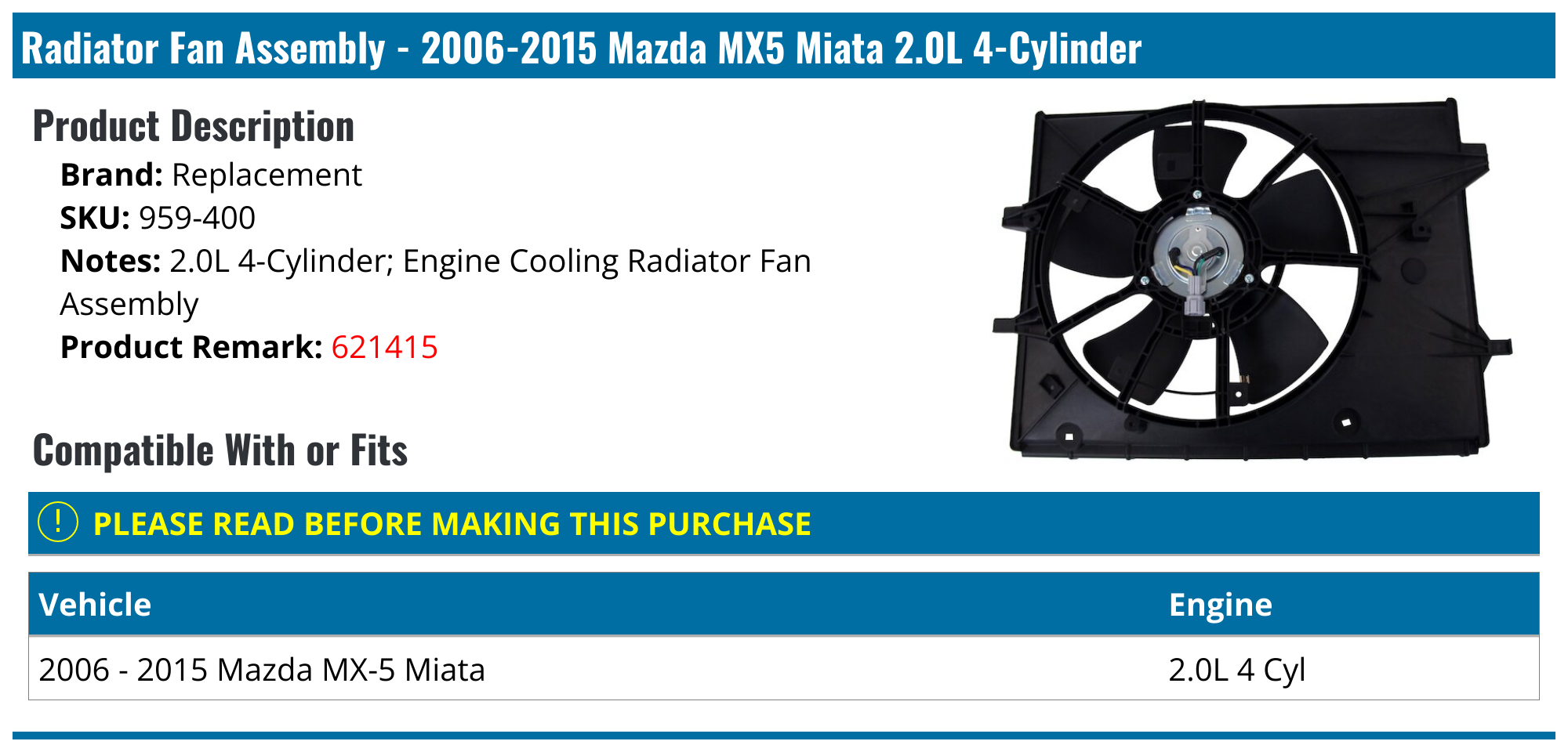 2006-2015 Mazda MX5 Miata Radiator Fan Assembly - Replacement 959-400 ...