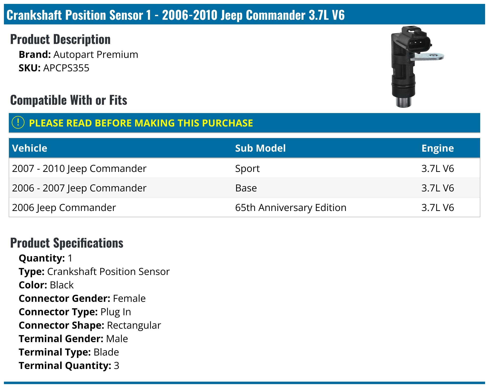 2006-2010 Jeep Commander Crank Position Sensor - Autopart Premium ...