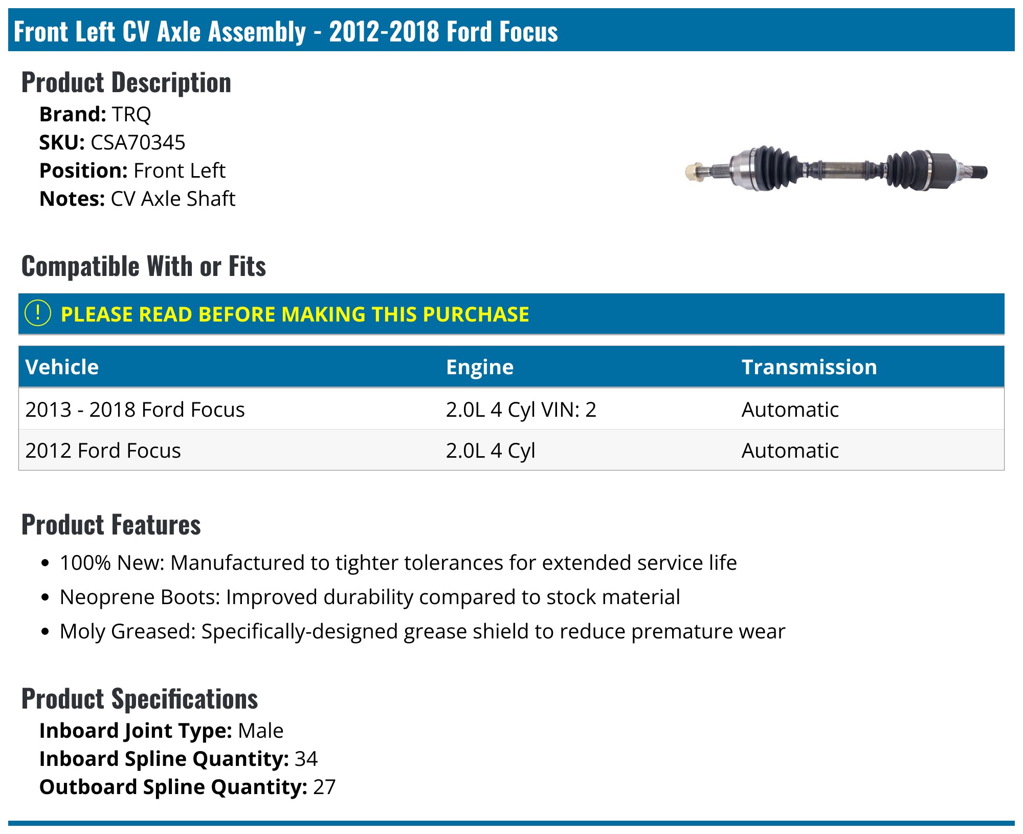 2012-2013, 2016-2018 Ford Focus Axle Assembly - TRQ CSA70345 - Front ...