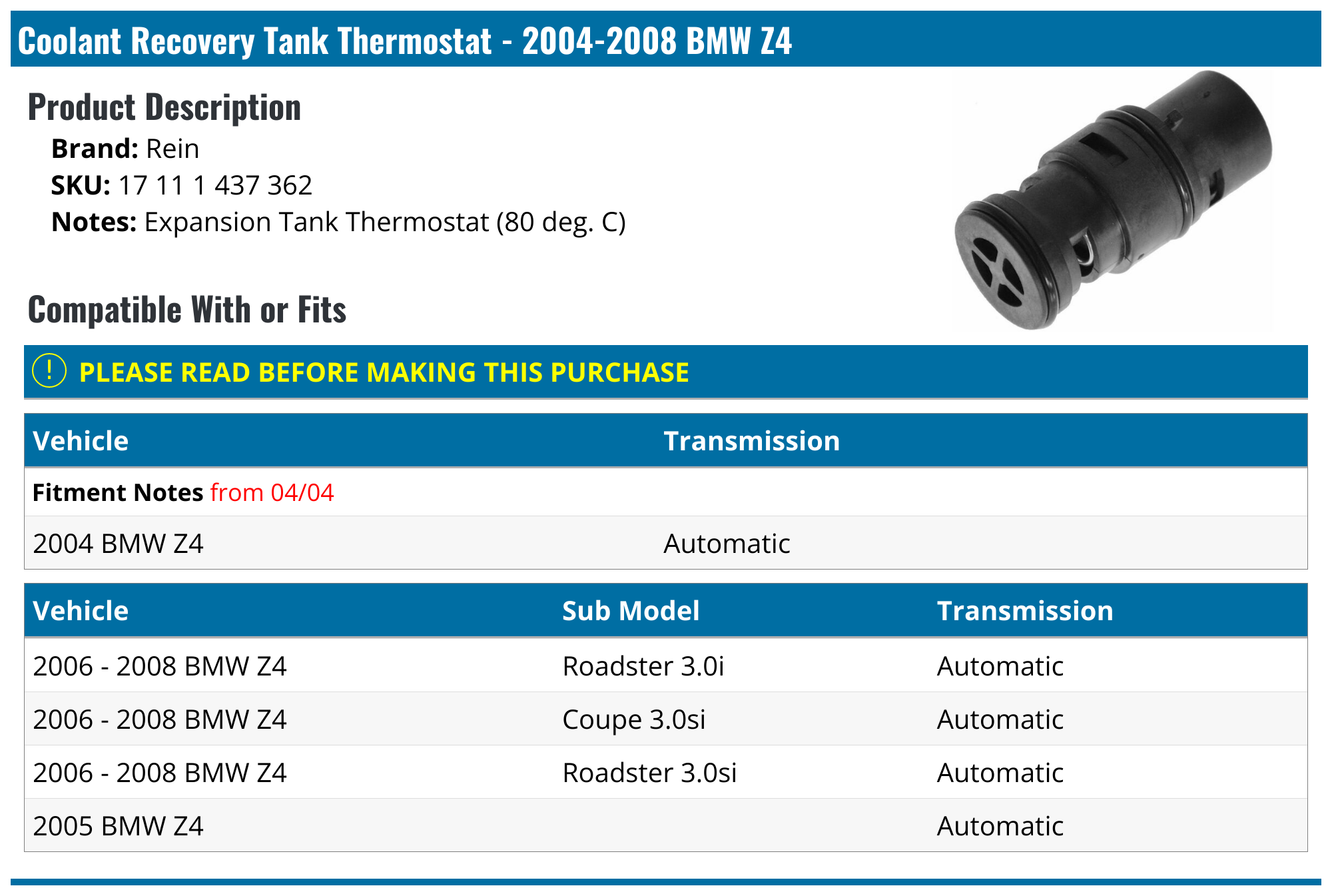 2004-2008 BMW Z4 Coolant Recovery Tank Thermostat - Rein 17 11 1 437 ...