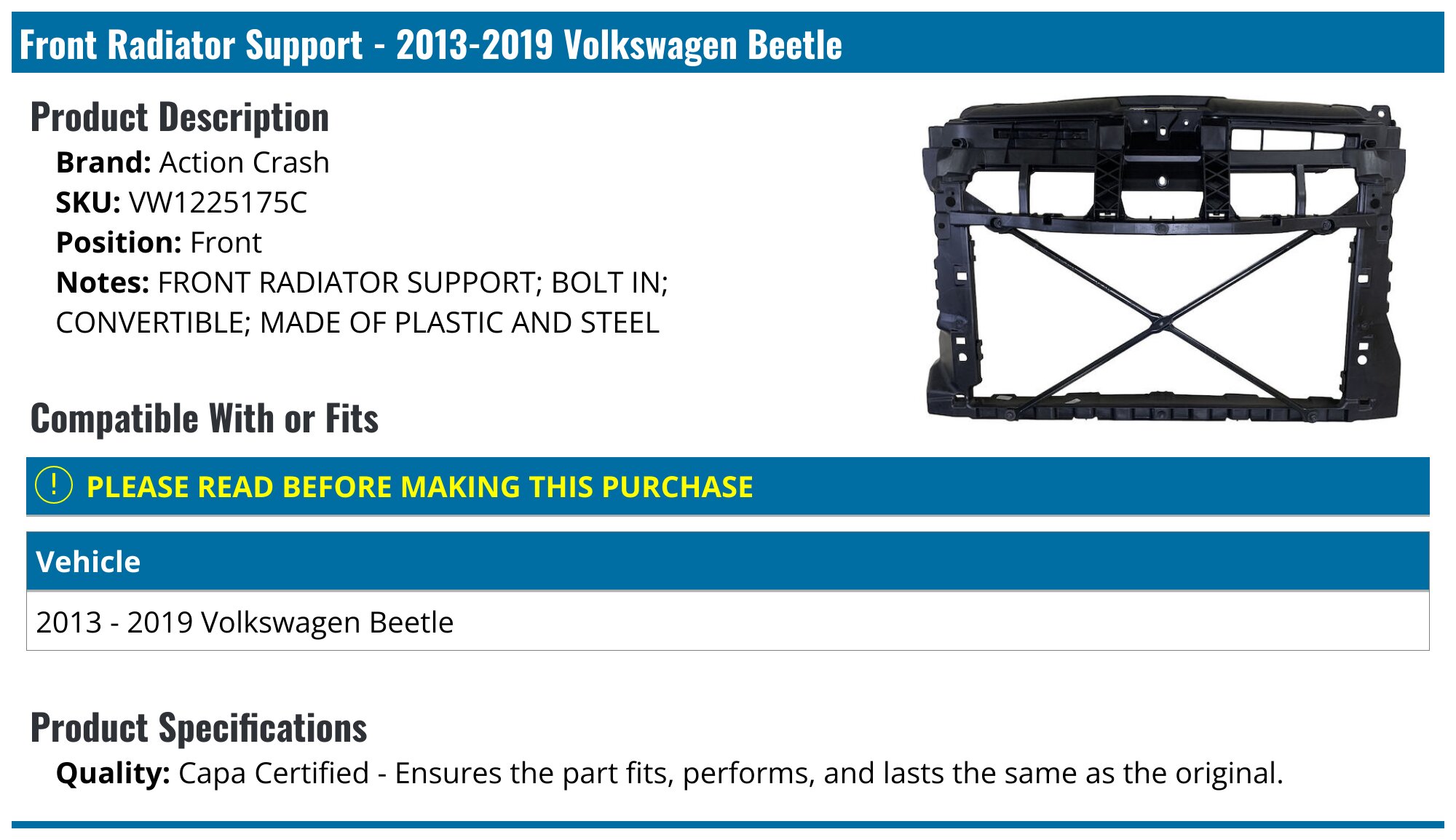2013-2019 Volkswagen Beetle Radiator Support - Action Crash VW1225175C ...