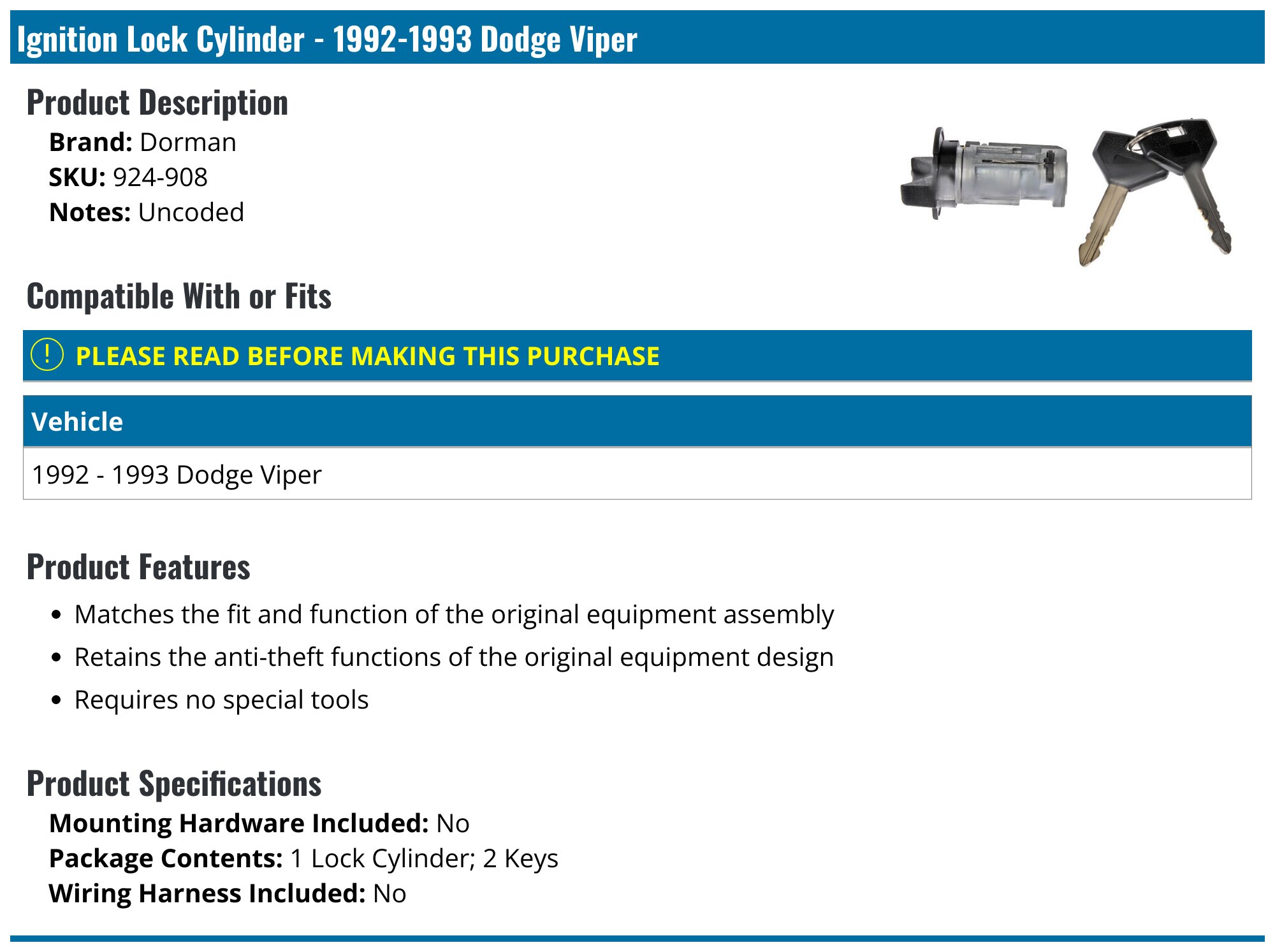 1992-1993 Dodge Viper Ignition Lock Cylinder - Dorman 924-908 ...