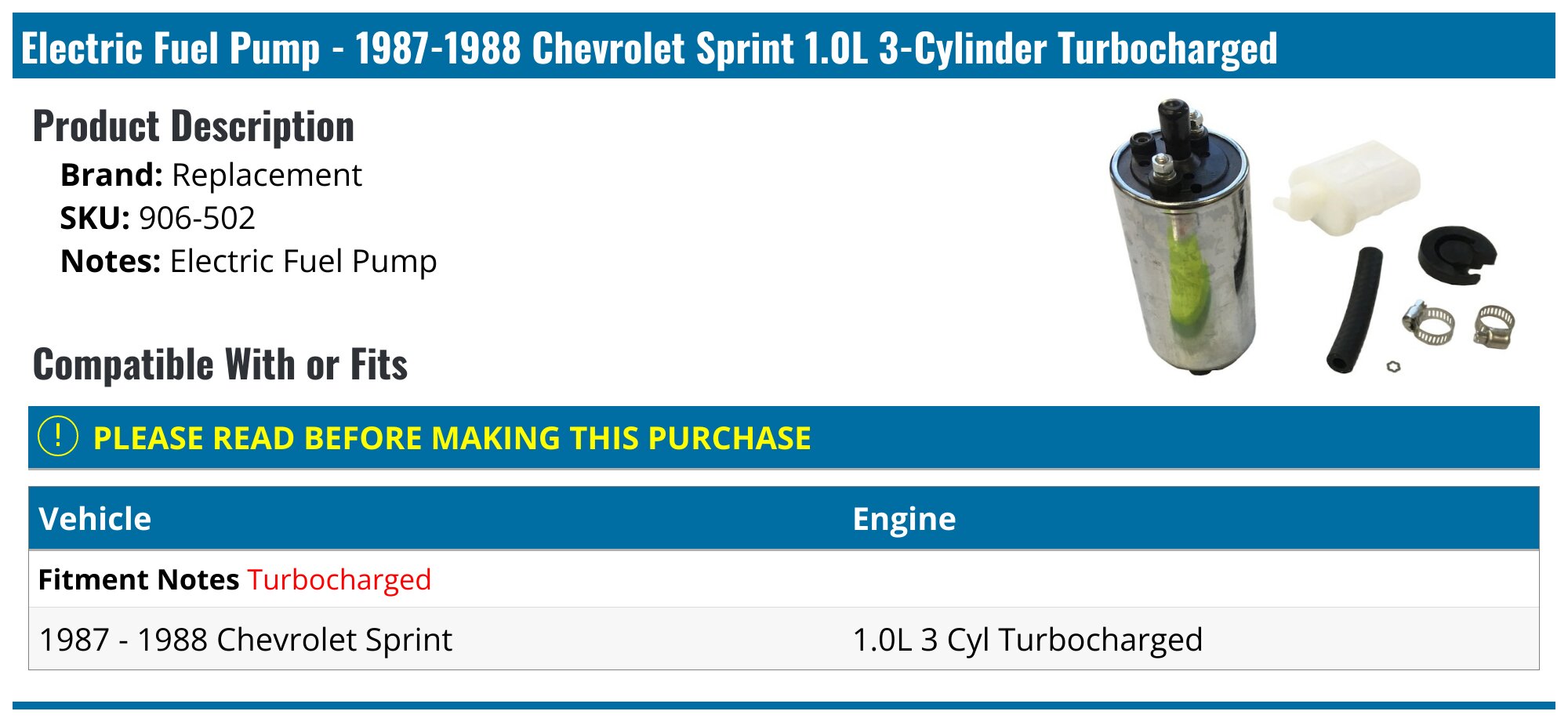 1987-1988 Chevrolet Sprint Fuel Pump - Replacement 906-502 - PartsGeek.com