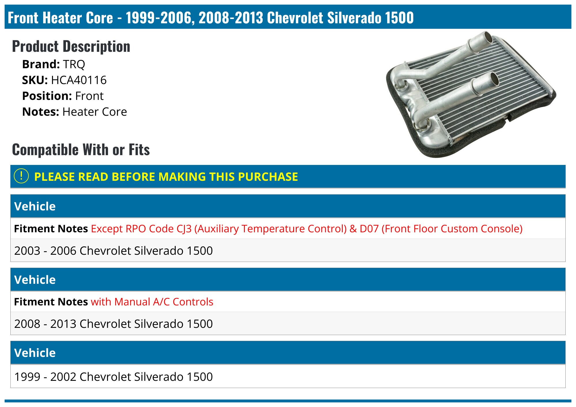 1999-2006, 2008-2013 Chevrolet Silverado 1500 Heater Core - TRQ ...