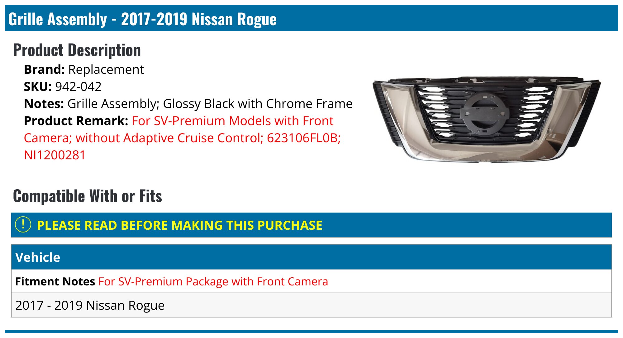 2017-2019 Nissan Rogue Grille Assembly - Replacement 942-042 ...