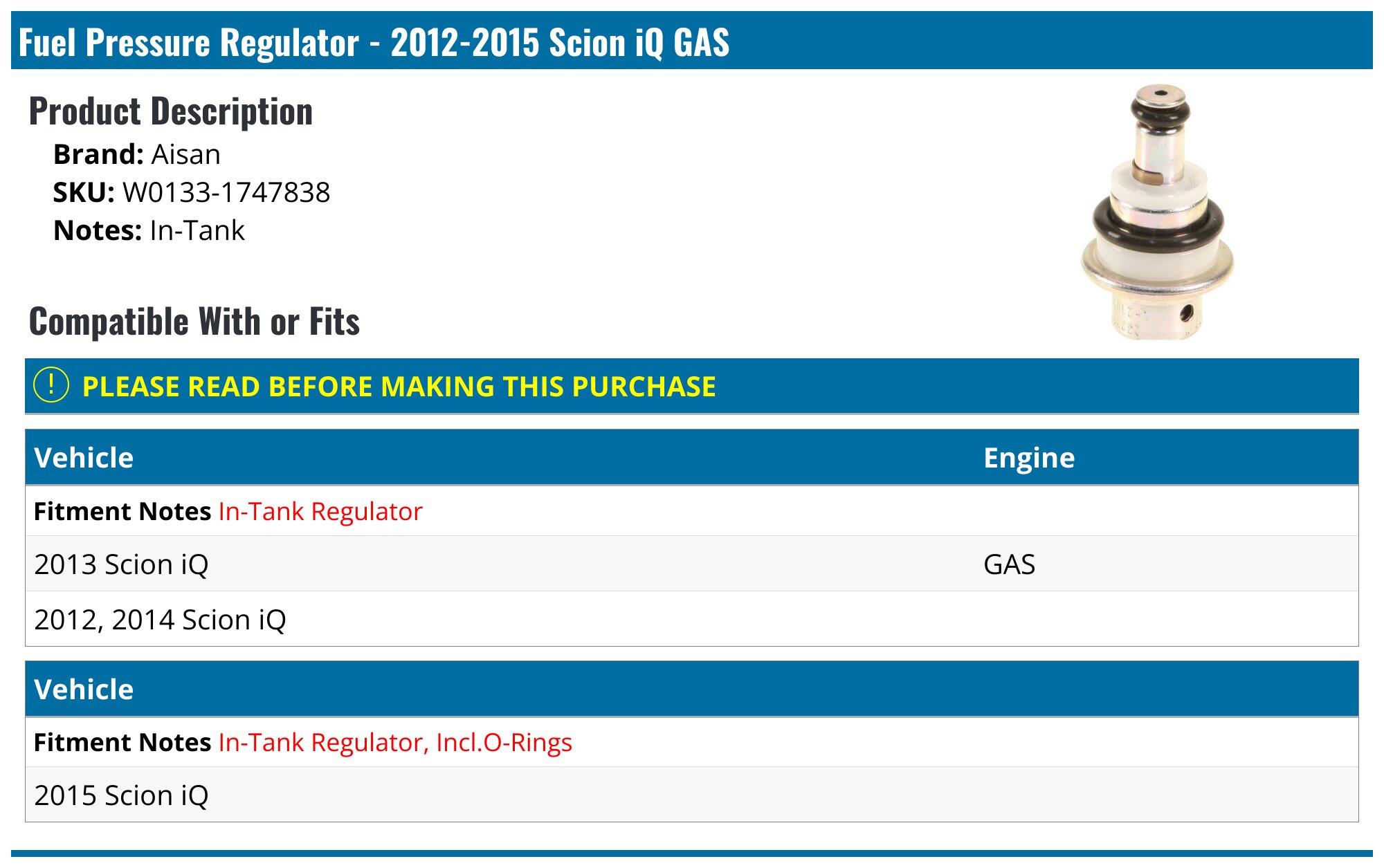 2012-2015 Scion iQ Fuel Pressure Regulator - Aisan W0133-1747838 ...
