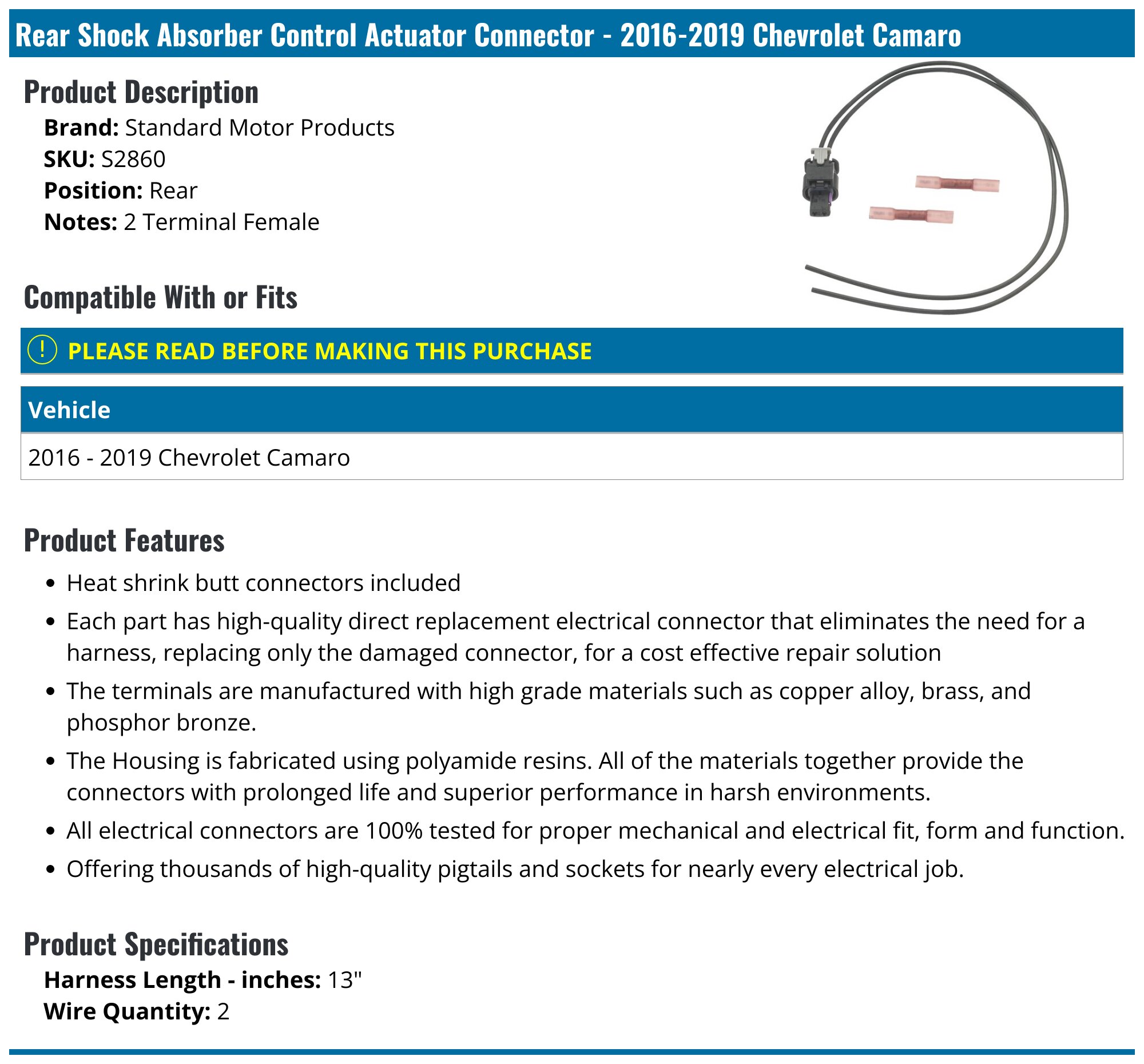 2016-2019 Chevrolet Camaro Shock Absorber Control Actuator Connector ...