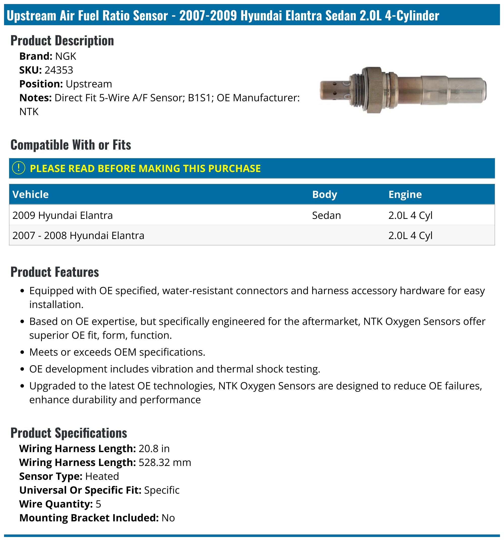 2007-2009 Hyundai Elantra Oxygen Sensor - NGK 24353 - Upstream ...