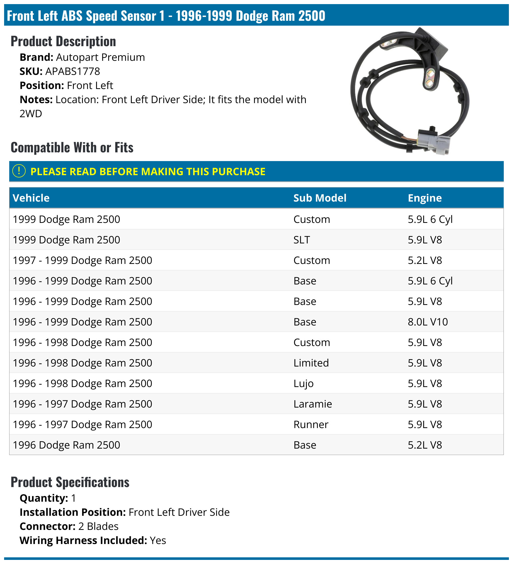 1996-1999 Dodge Ram 2500 ABS Speed Sensor - Autopart Premium APABS1778 ...