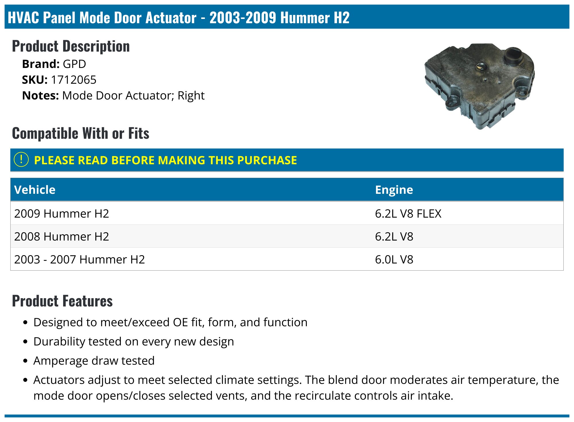 2003-2009 Hummer H2 Air Flap Actuator - GPD 1712065 - Right - PartsGeek.com