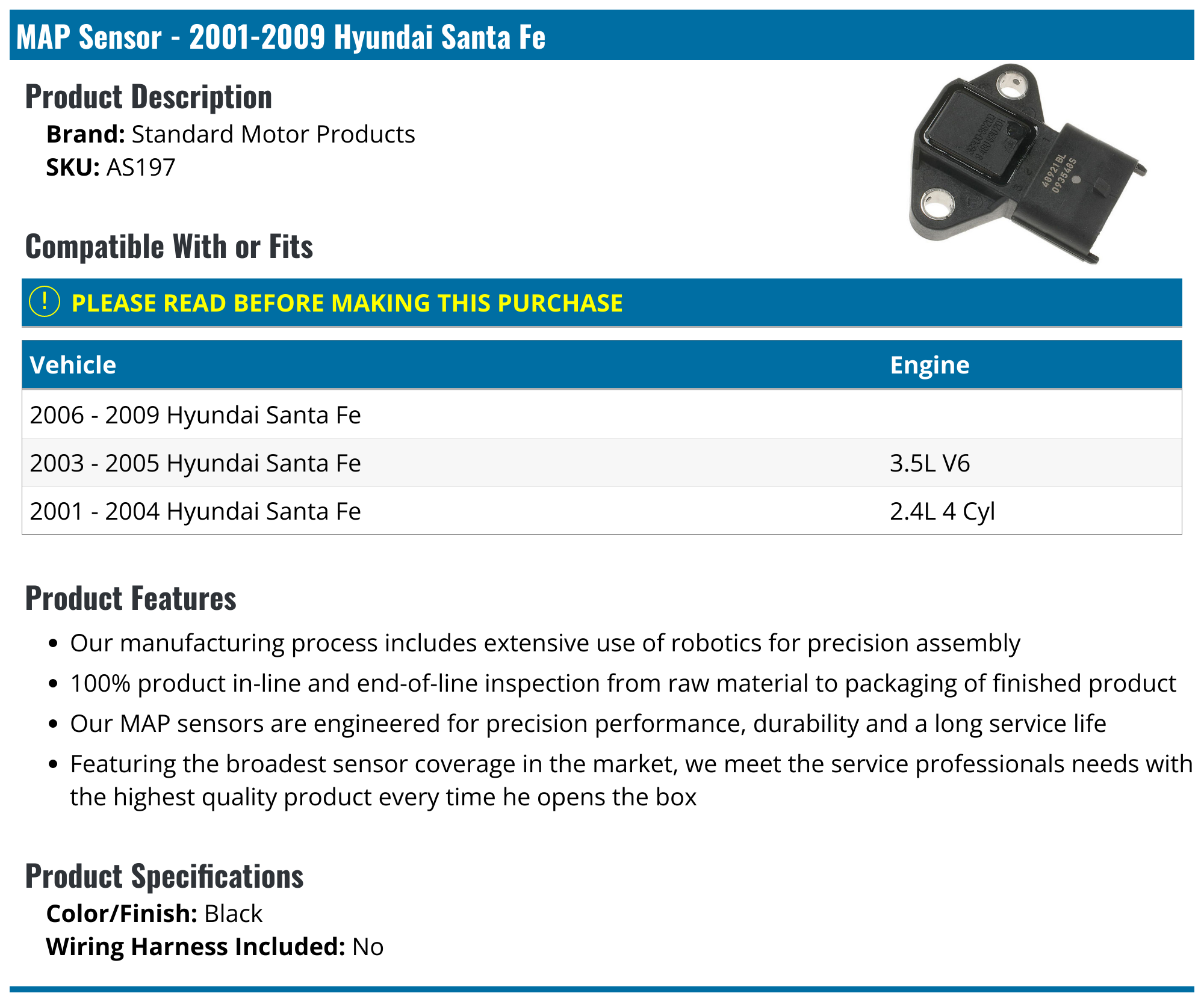 2001-2009 Hyundai Santa Fe MAP Sensor - Standard Motor Products AS197 ...