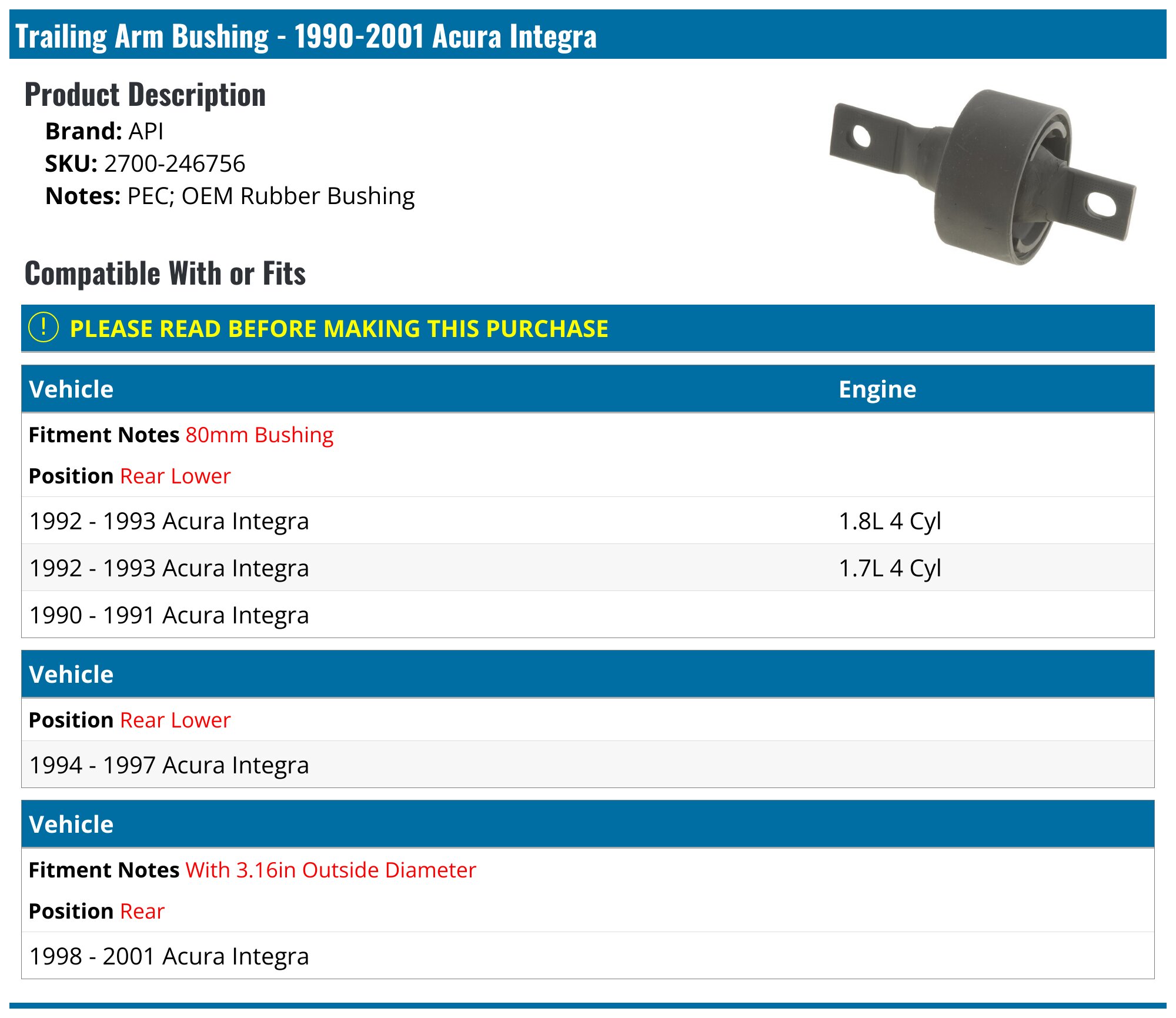 1990-2001 Acura Integra Trailing Arm Bushing - API 5895-07415793 - Rear ...