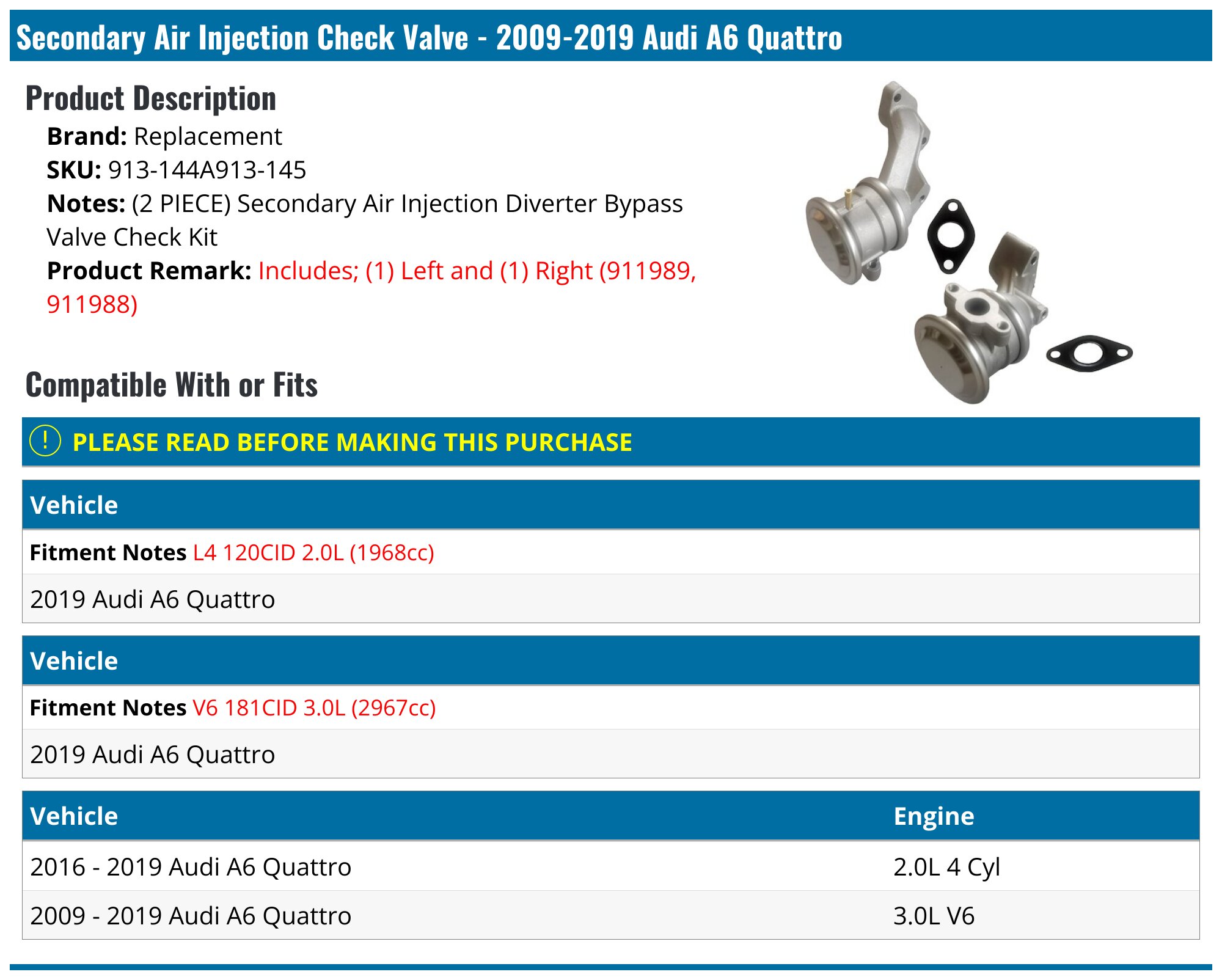 2009-2019 Audi A6 Quattro Air Pump Check Valve - Replacement 913 ...