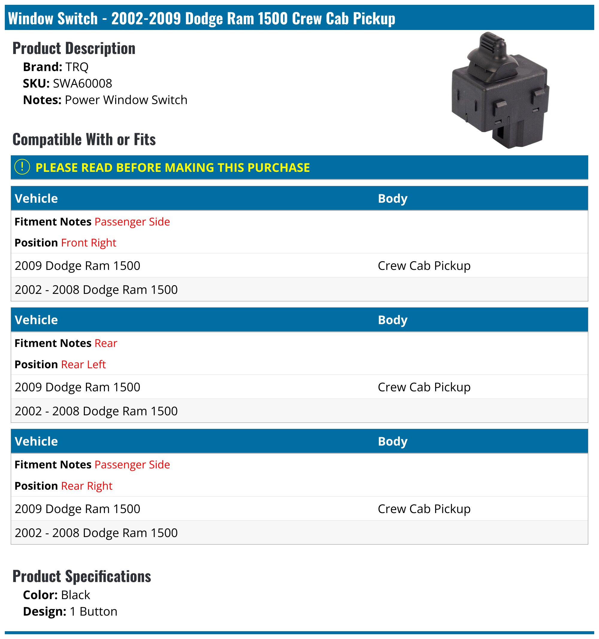 2002-2009 Dodge Ram 1500 Window Switch - TRQ SWA60008 - Front Right ...