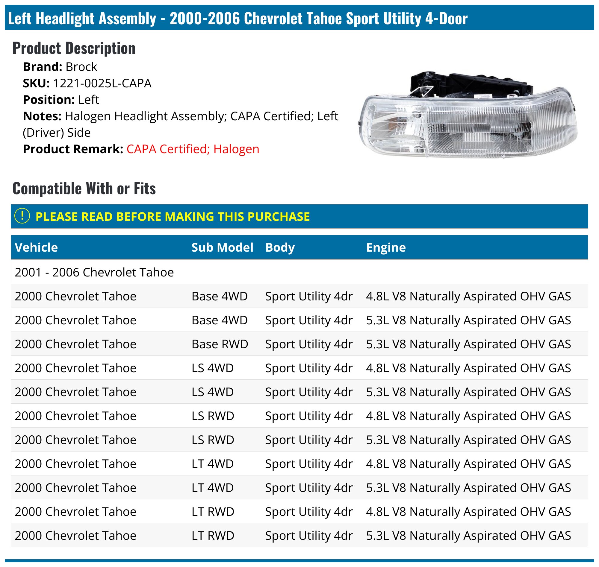 2000-2006 Chevrolet Tahoe Headlight Assembly - Brock 1221-0025L-CAPA ...