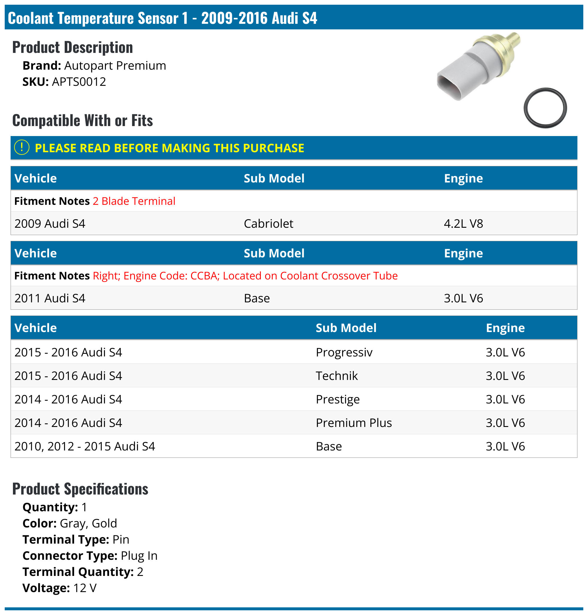 2009-2016 Audi S4 Engine Coolant Temperature Sensor - Autopart Premium ...