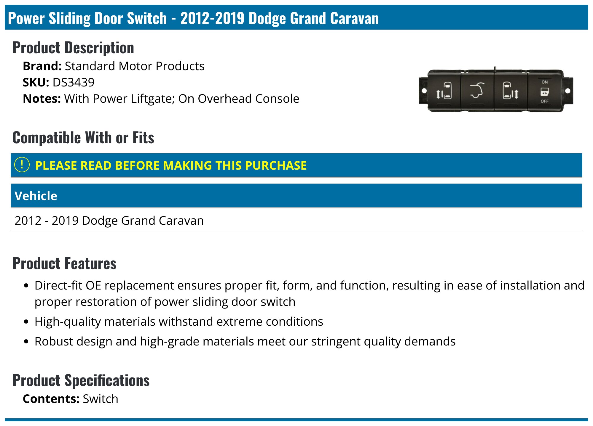 2012-2019 Dodge Grand Caravan Power Sliding Door Switch - Standard ...