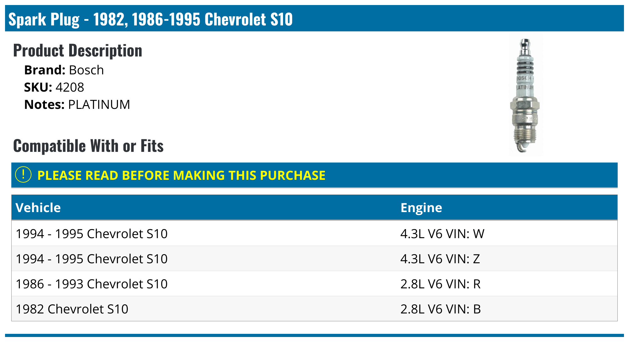 1982, 1986-1995 Chevrolet S10 Spark Plug - Bosch 4208 - PartsGeek.com
