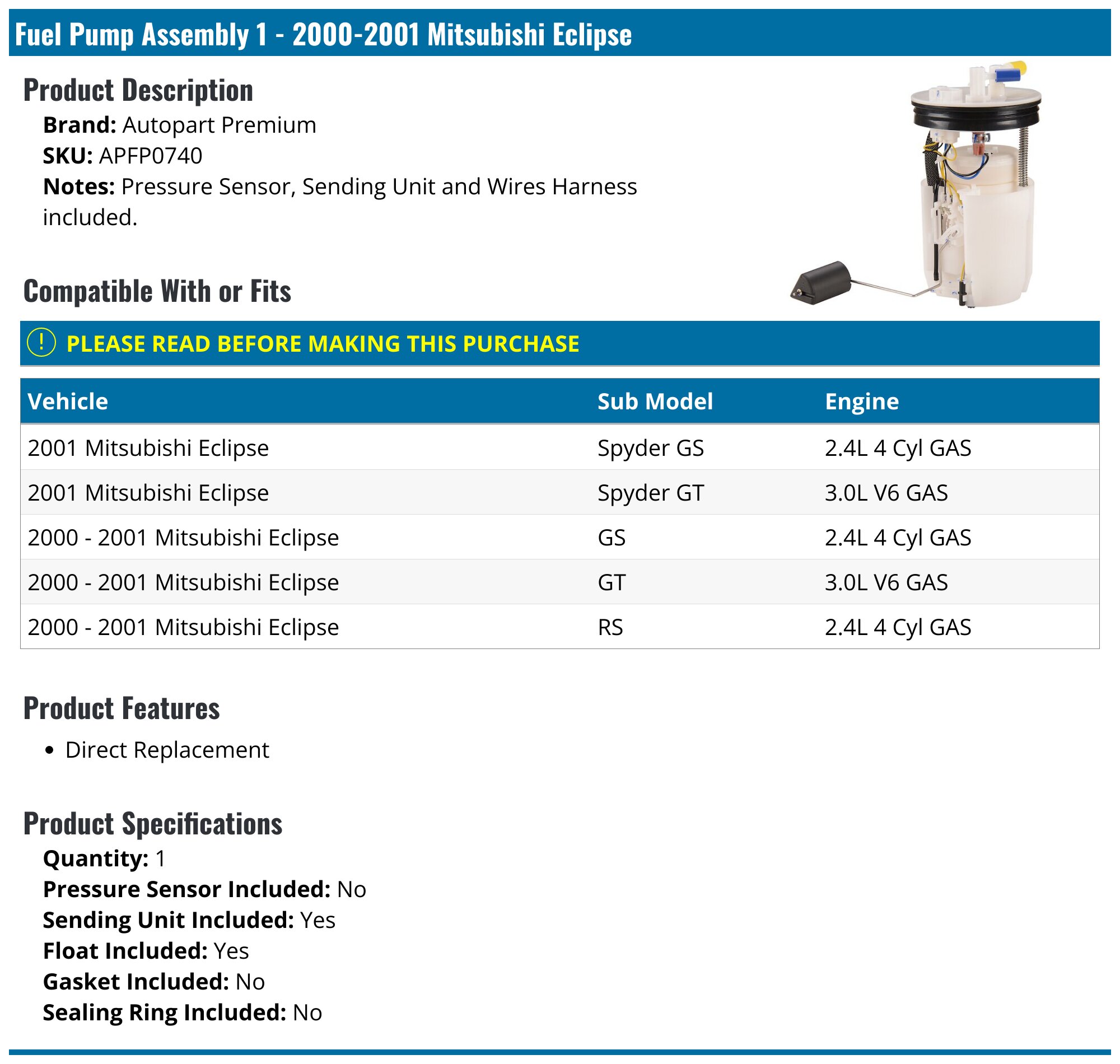 2000-2001 Mitsubishi Eclipse Fuel Pump - Autopart Premium APFP0740 ...
