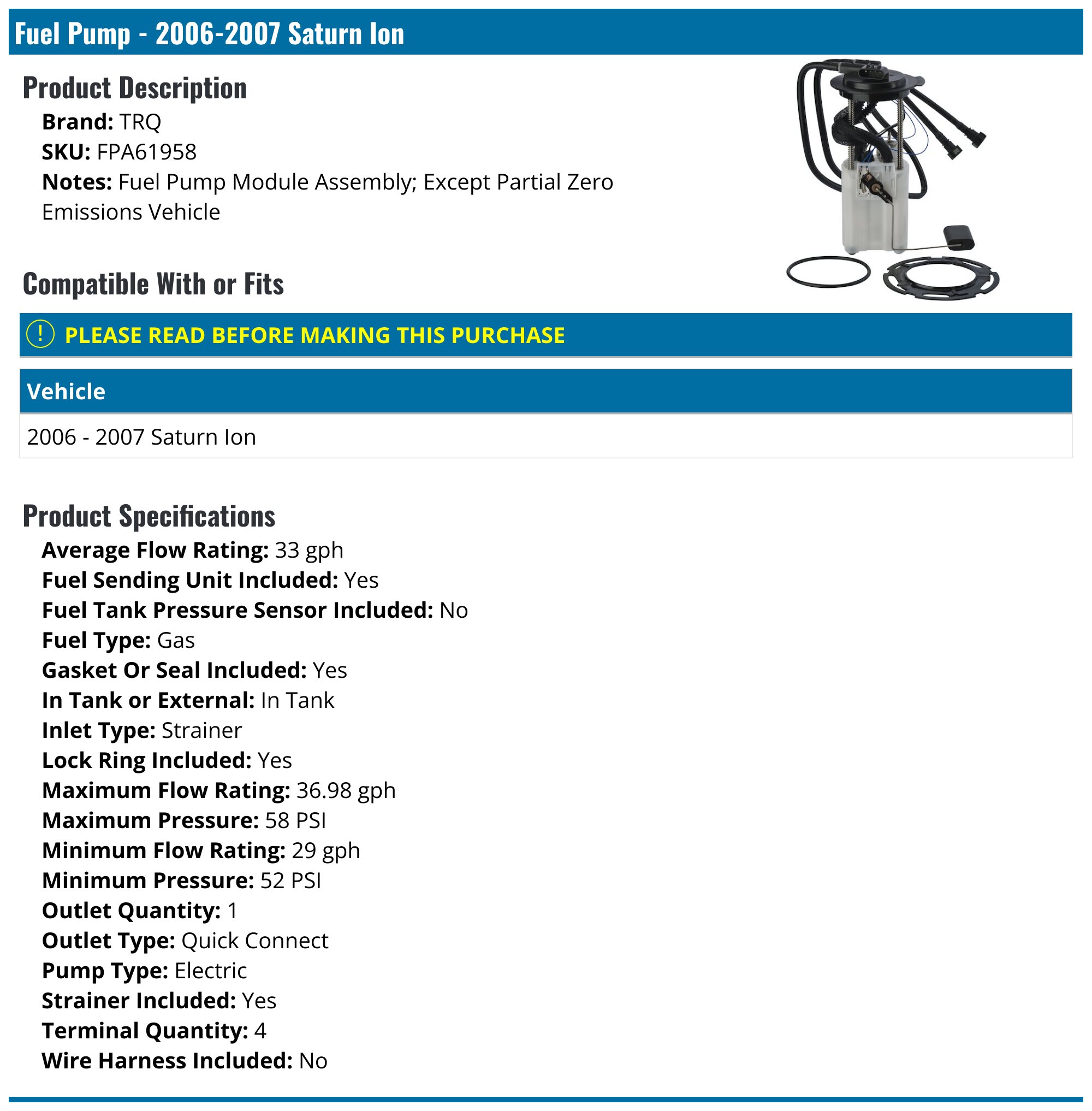 2006-2007 Saturn Ion Fuel Pump - TRQ FPA61958 - PartsGeek.com