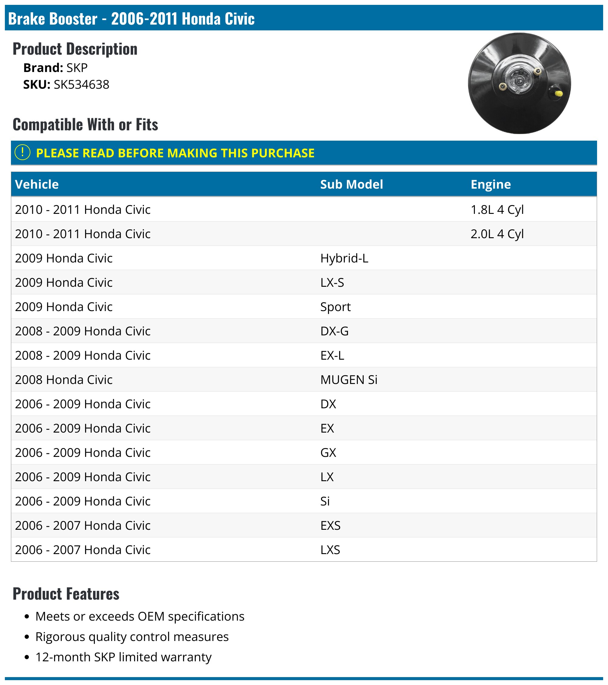 2006-2011 Honda Civic Brake Booster - SKP SK534638 - PartsGeek.com