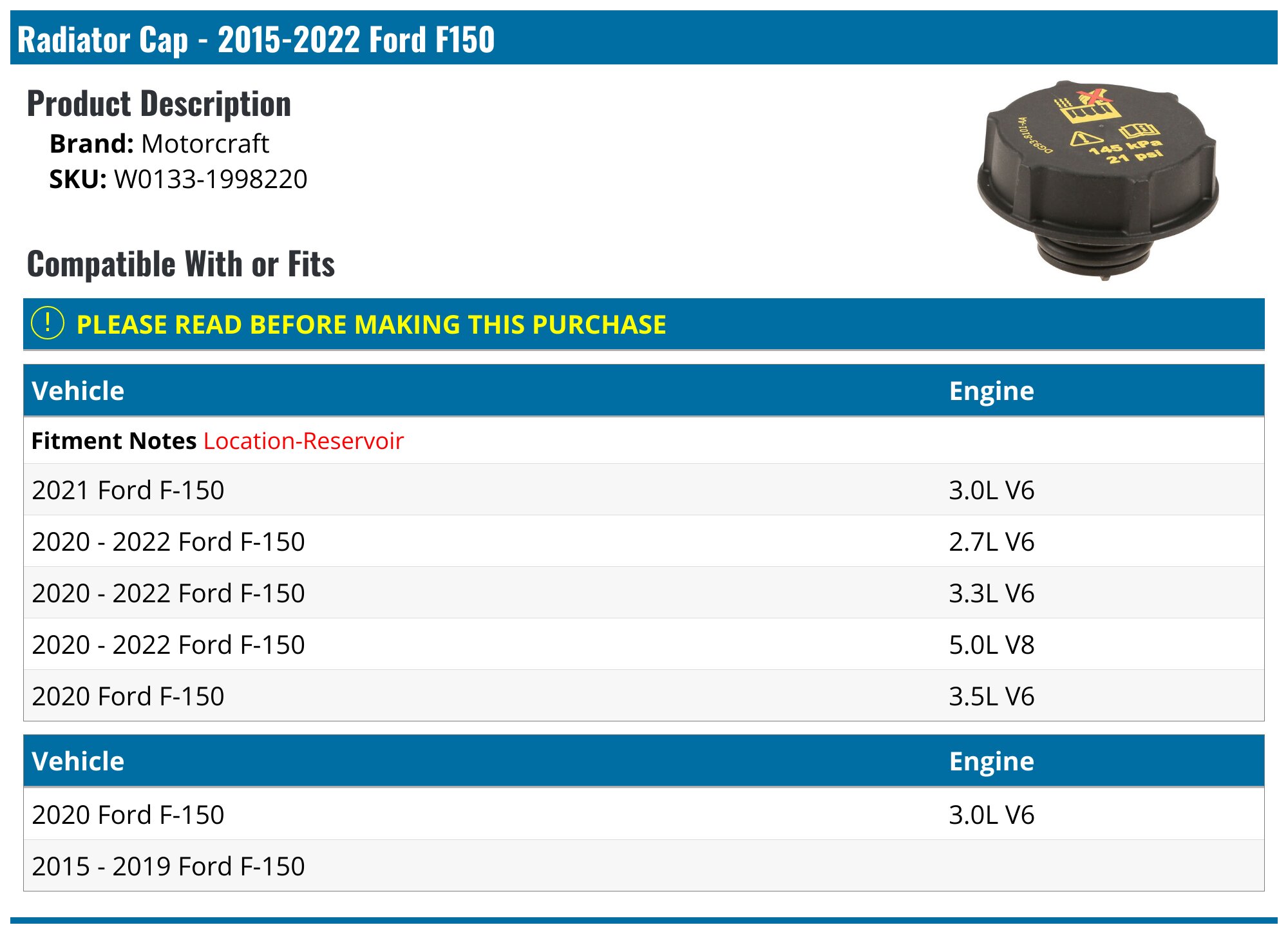 2015-2025 Ford F150 Radiator Cap - Motorcraft W0133-1998220 - PartsGeek.com