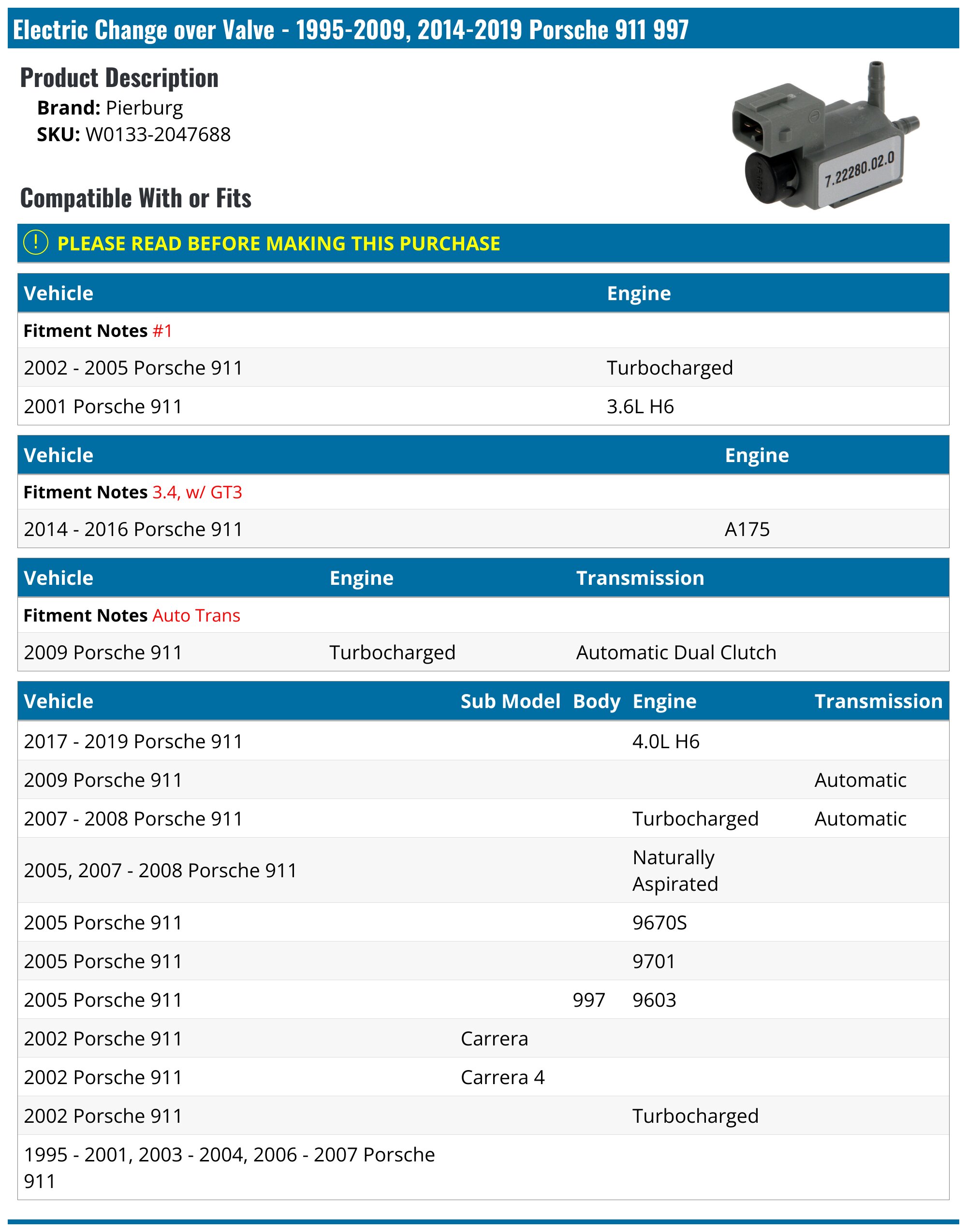 1995-2009, 2011, 2014-2019 Porsche 911 Electric Change Over Valve ...