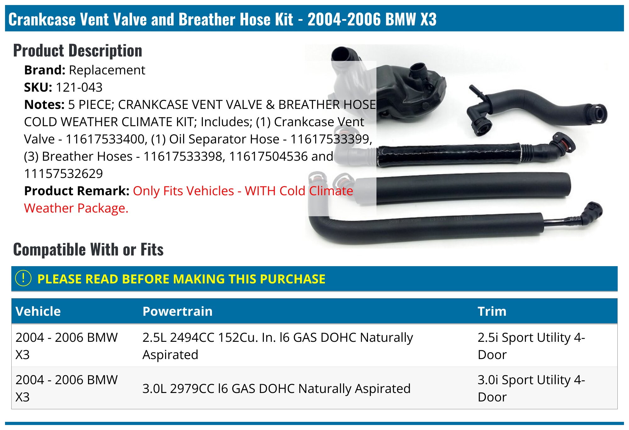 2004-2006 BMW X3 Breather Hose - Replacement 121-043 - PartsGeek.com