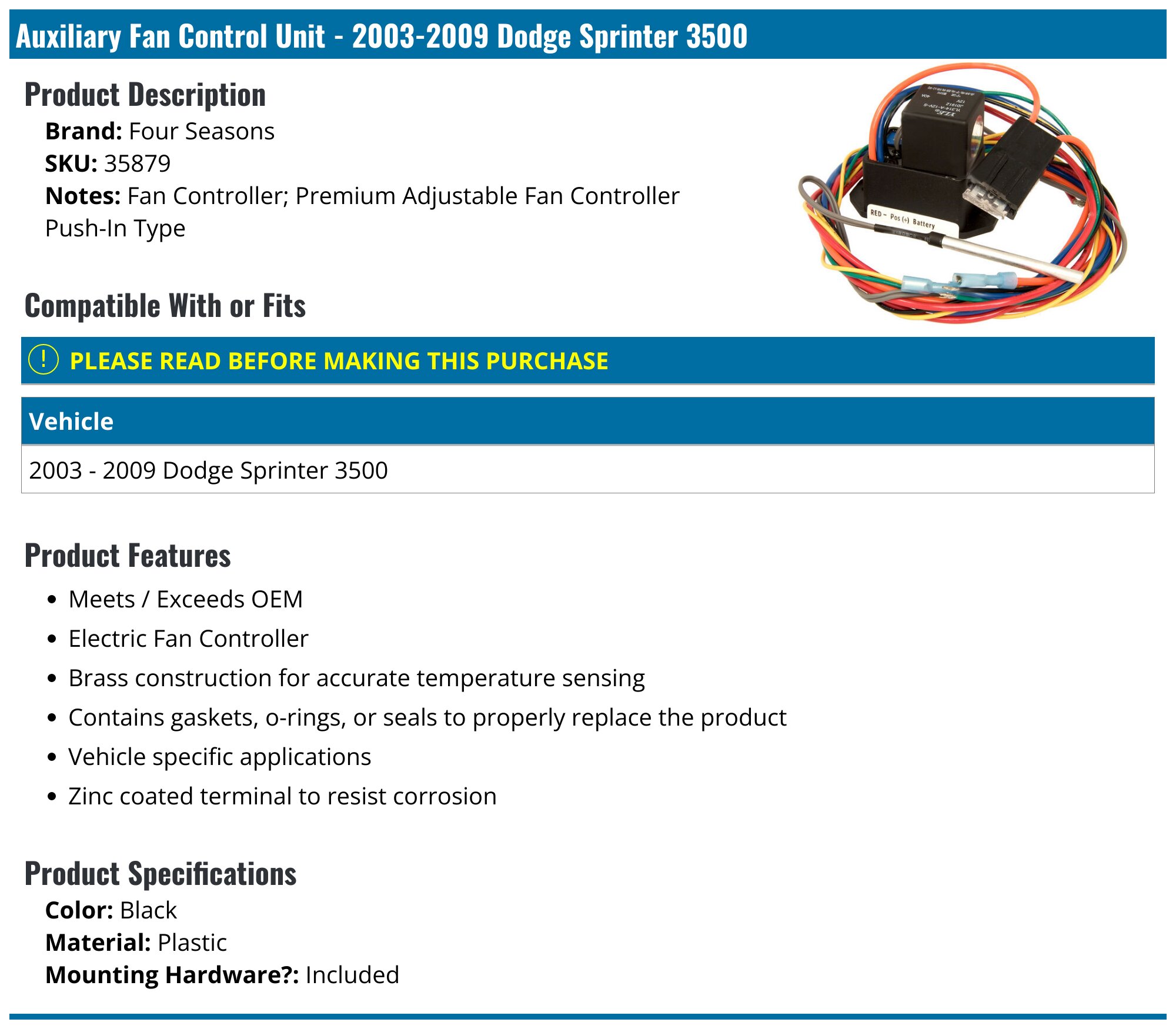 2003-2009 Dodge Sprinter 3500 Auxiliary Fan Control Unit - Four Seasons ...