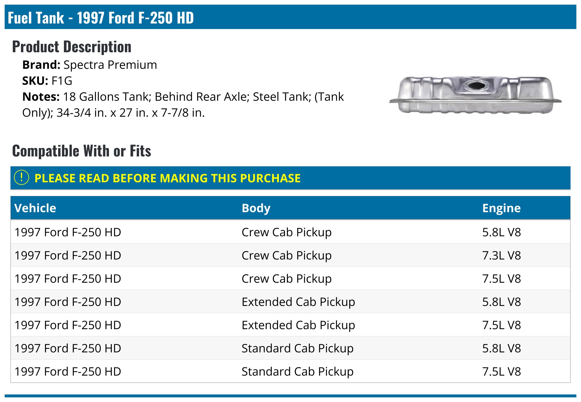 1997 Ford F-250 HD Fuel Tank - Spectra Premium F1G - PartsGeek.com
