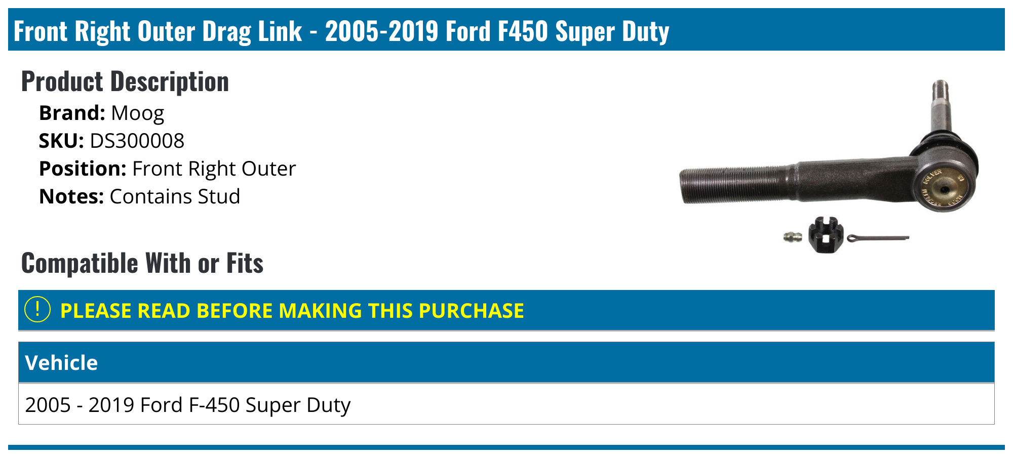 2005-2019 Ford F450 Super Duty Drag Link - Moog DS300008 - Front Right ...