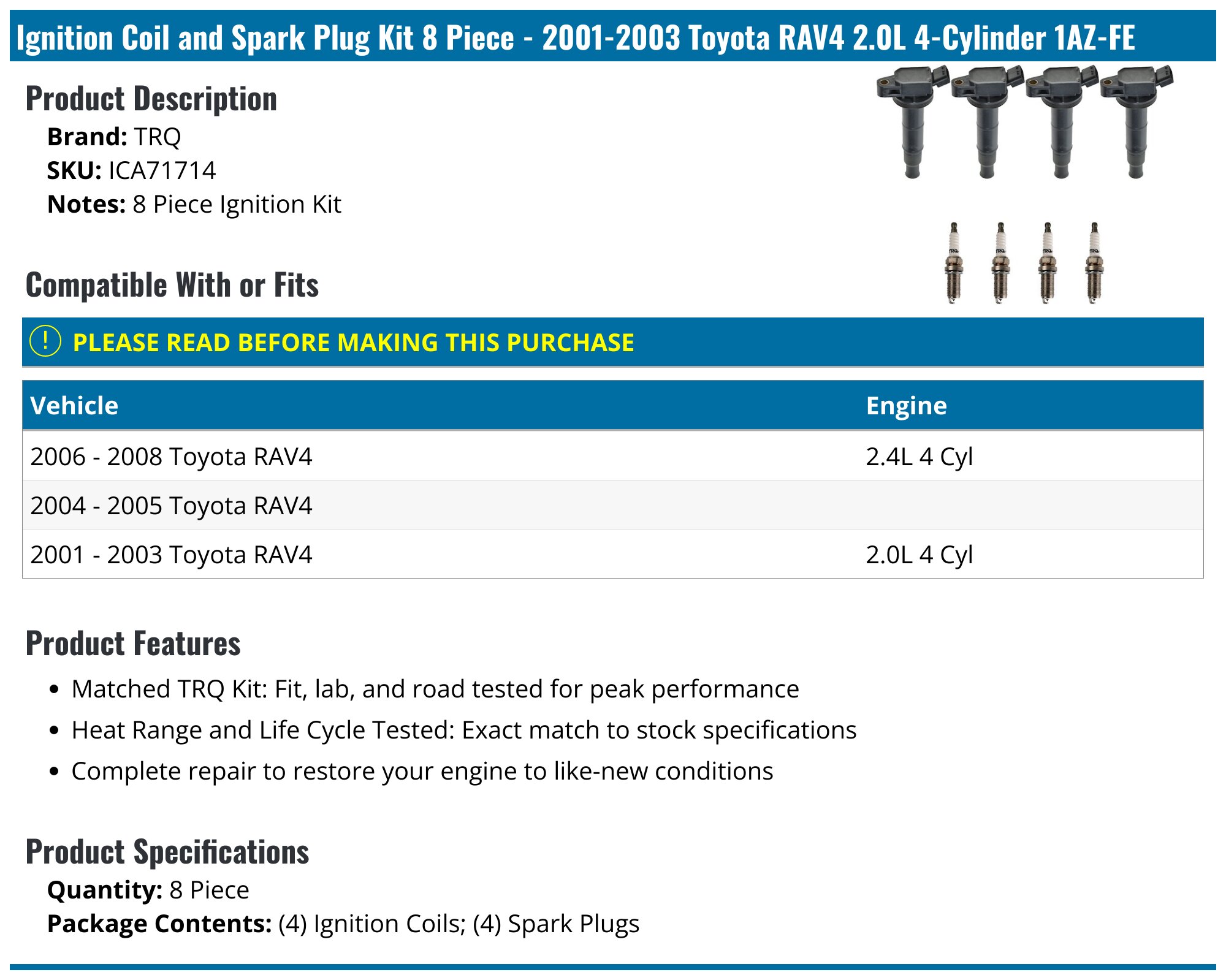 2001-2008 Toyota RAV4 Ignition Coil - TRQ ICA71714 - PartsGeek.com