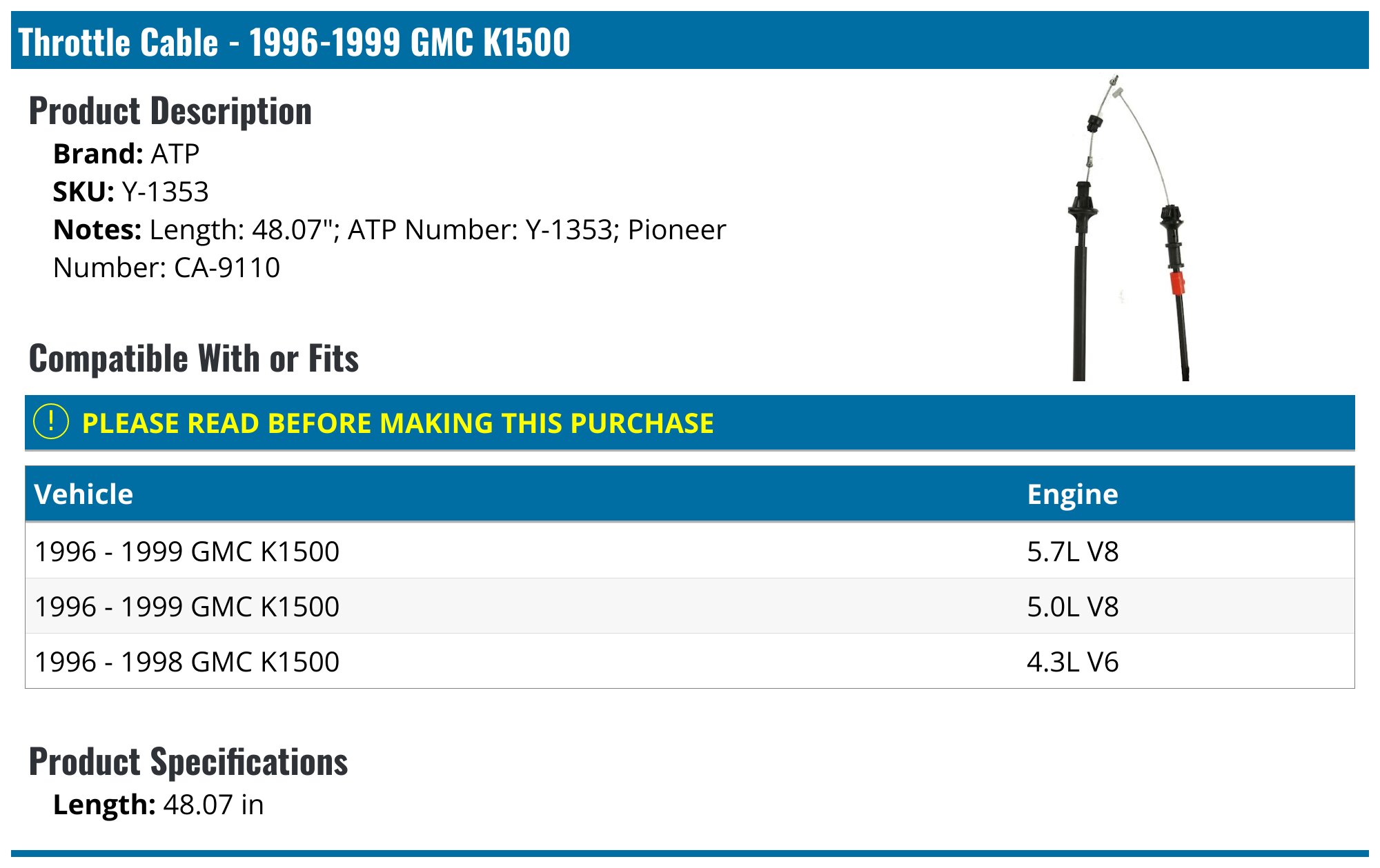 1996-1999 GMC K1500 Throttle Cable - ATP Y-1353 - PartsGeek.com