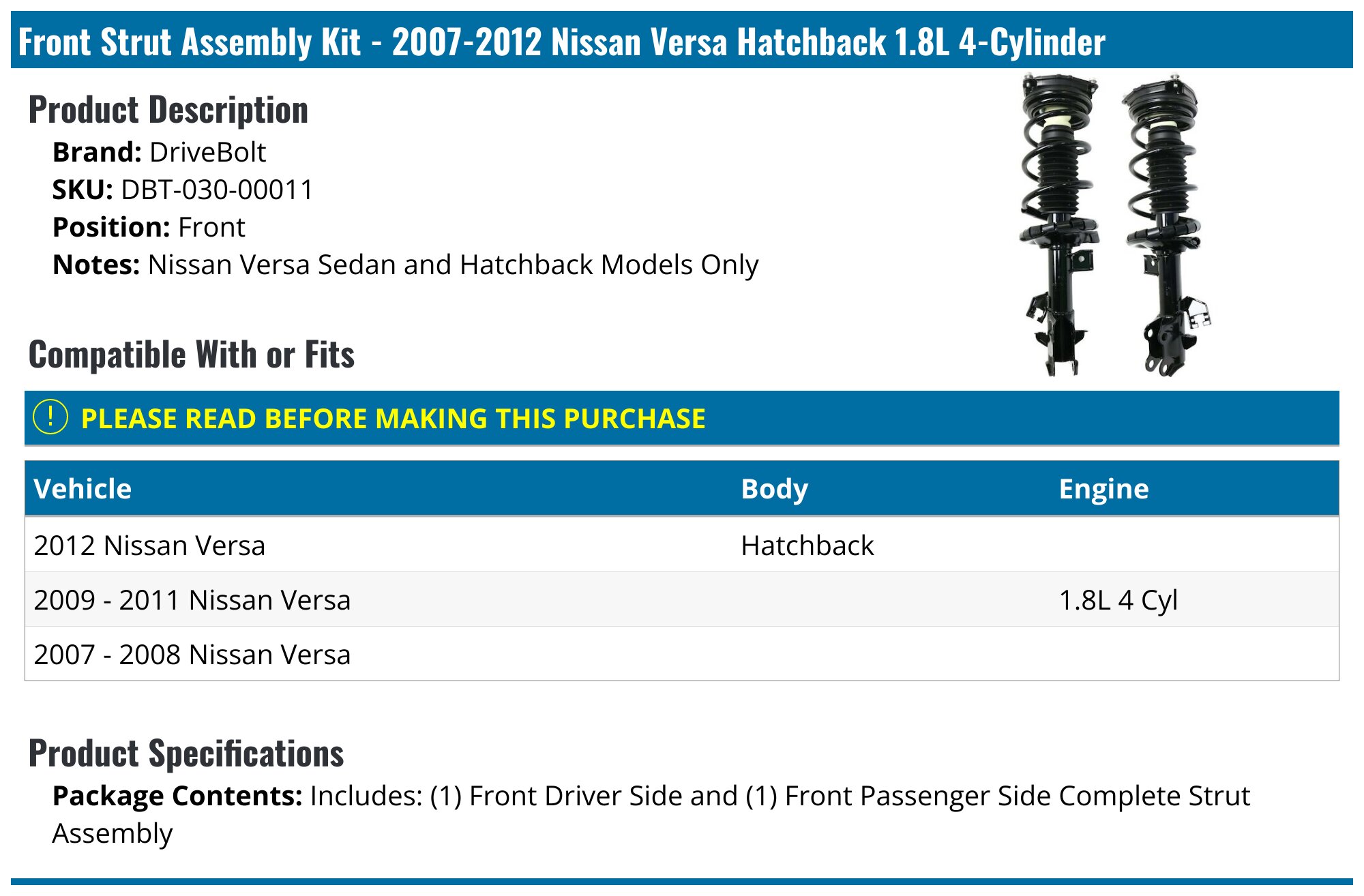 2007-2012 Nissan Versa Strut Assembly - DriveBolt DBT-030-00011 - Front ...