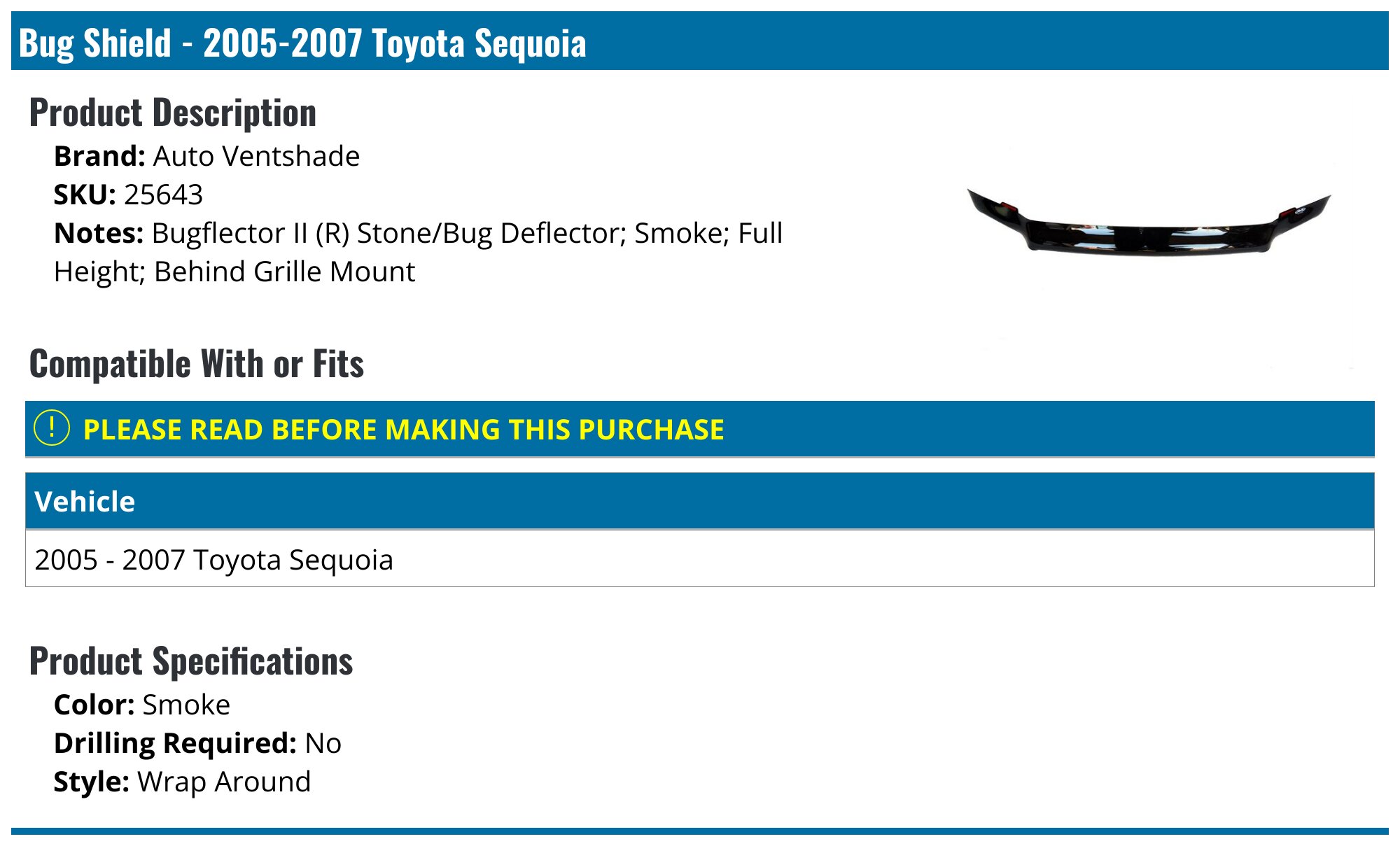 2005-2007 Toyota Sequoia Bug Shield - Auto Ventshade 25643 - PartsGeek.com