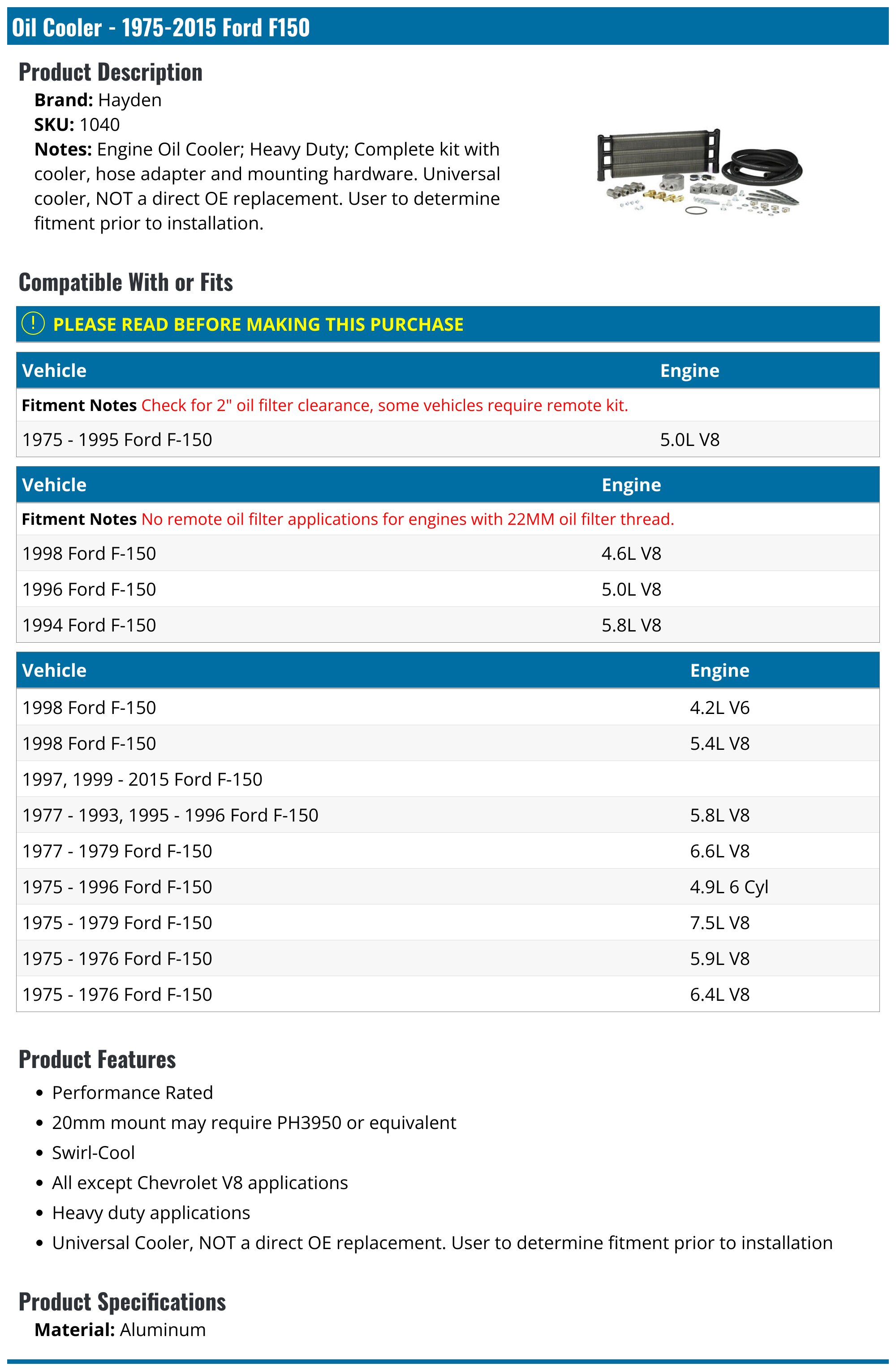1975-2015 Ford F150 Oil Cooler - Hayden 1040 - PartsGeek.com