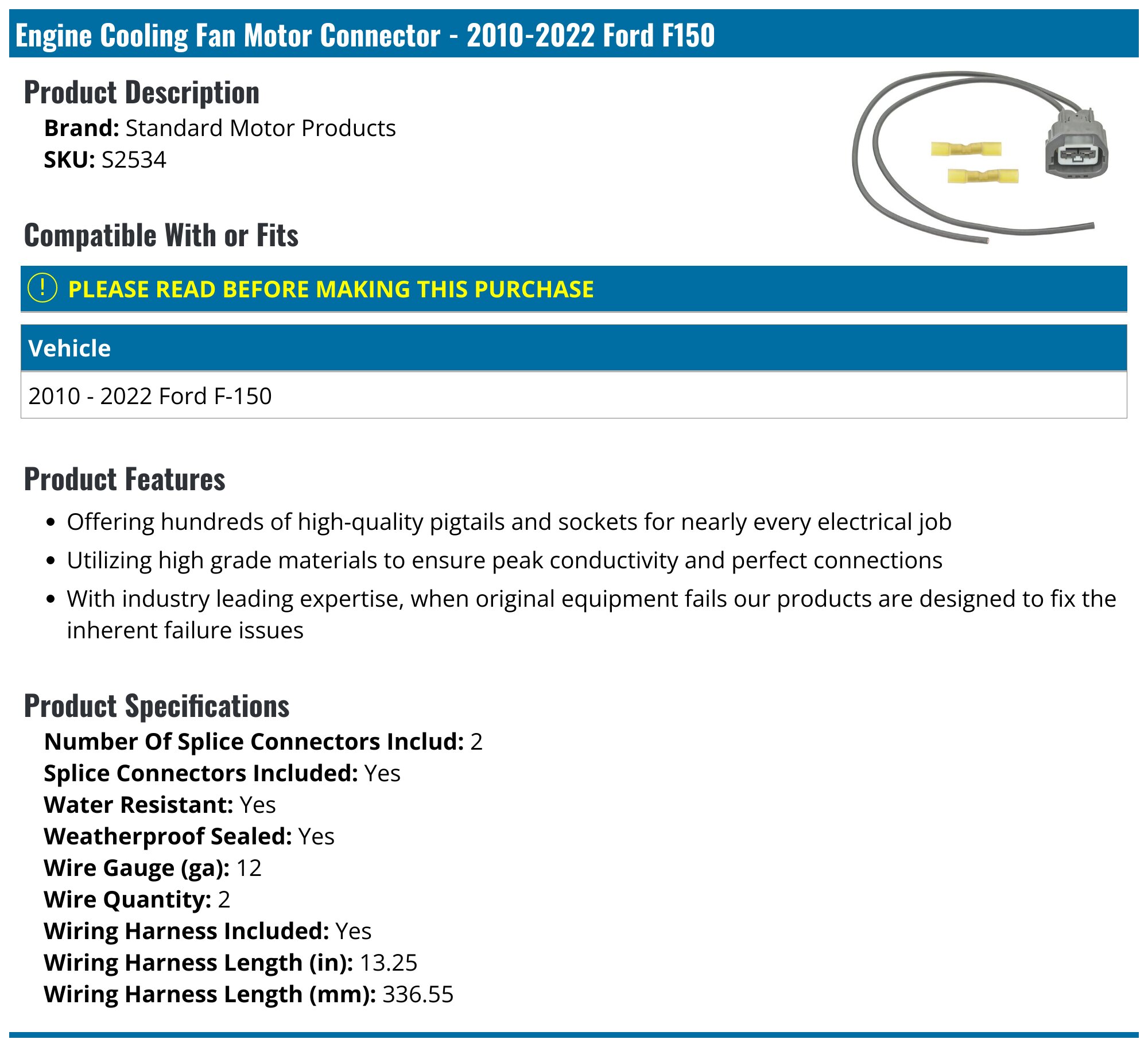 2010-2022 Ford F150 Engine Cooling Fan Motor Connector - Standard Motor ...