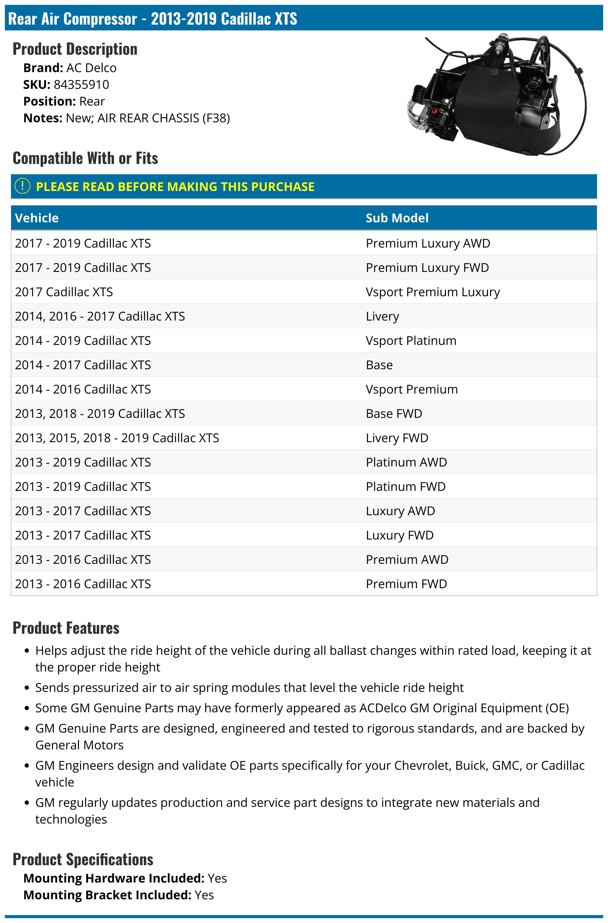 2013-2019 Cadillac XTS Suspension Compressor - AC Delco 84355910 - Rear ...