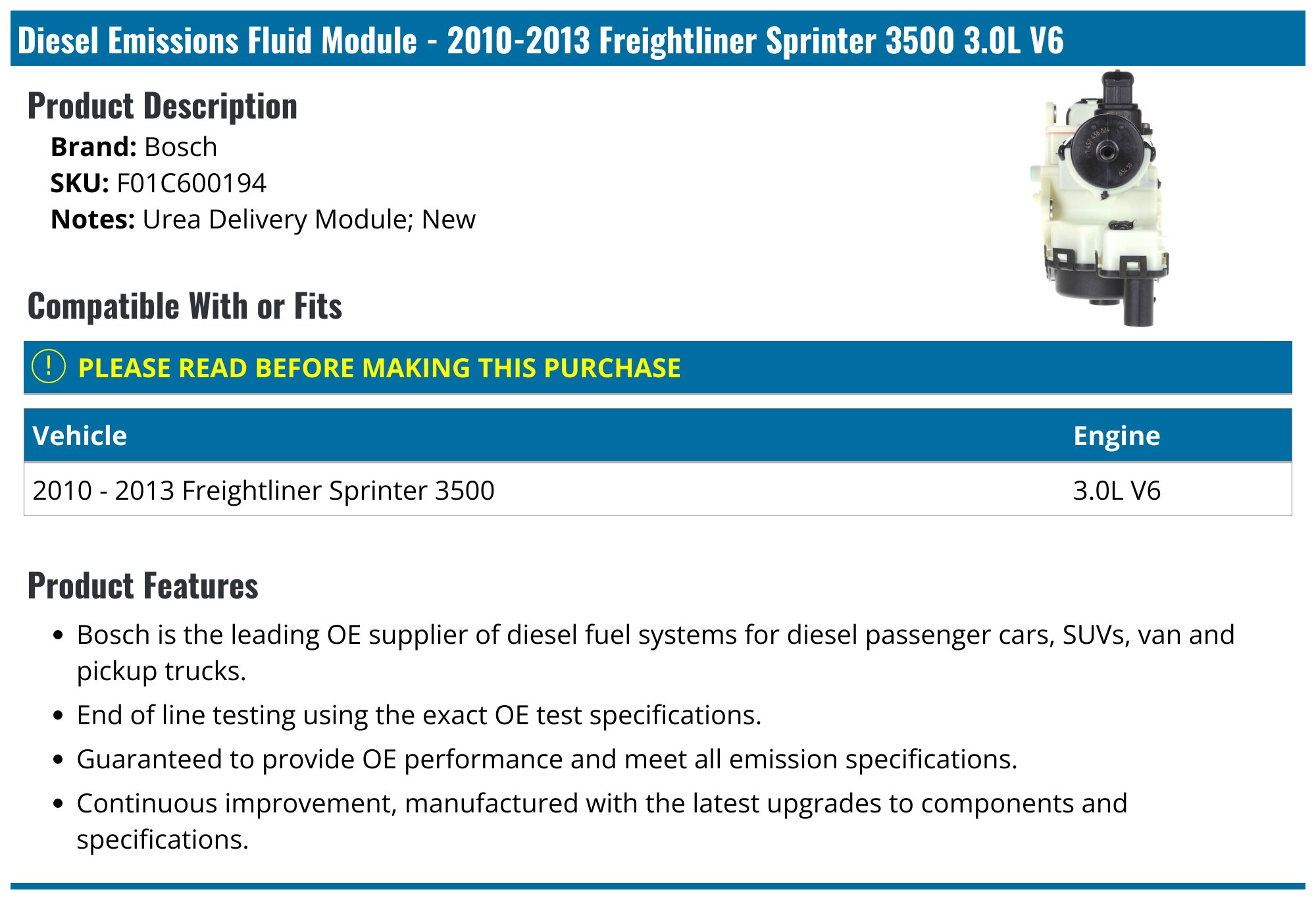 2010-2013 Freightliner Sprinter 3500 Diesel Emissions Fluid Injection ...