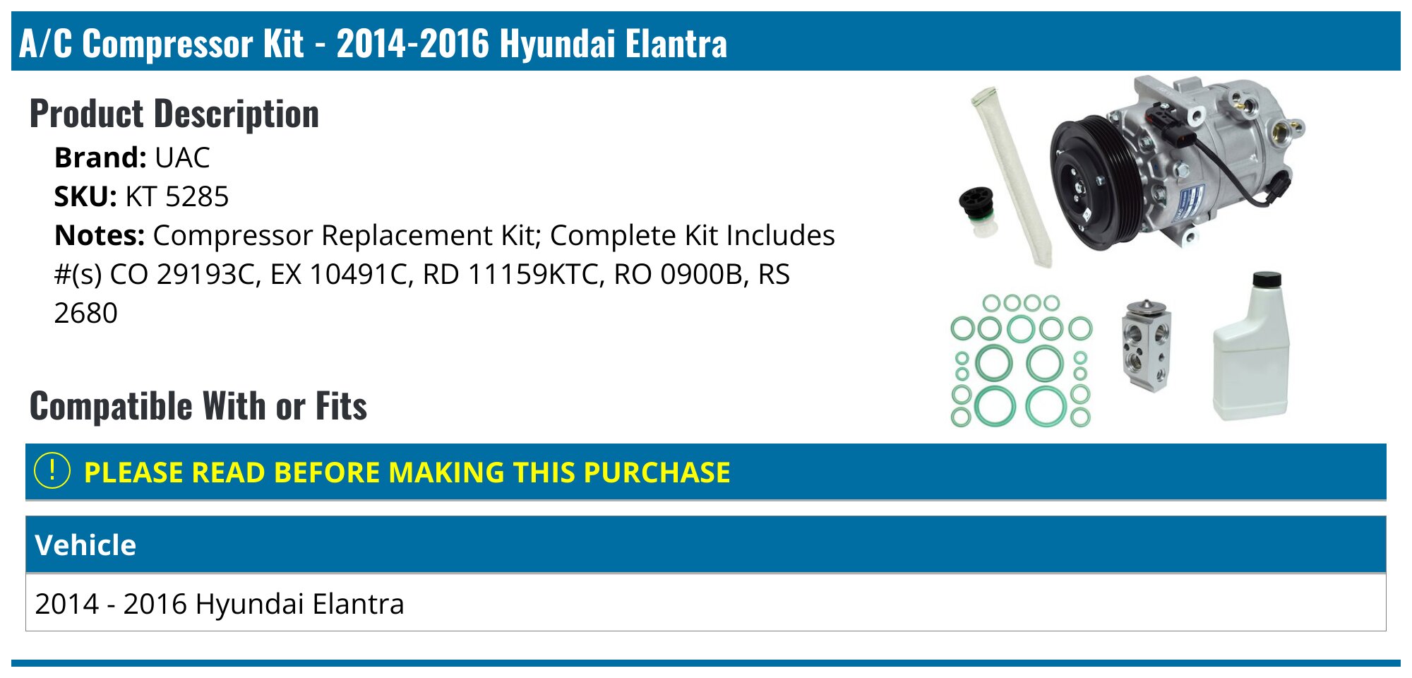 2014-2016 Hyundai Elantra A/C Compressor - UAC KT 5285 - PartsGeek.com