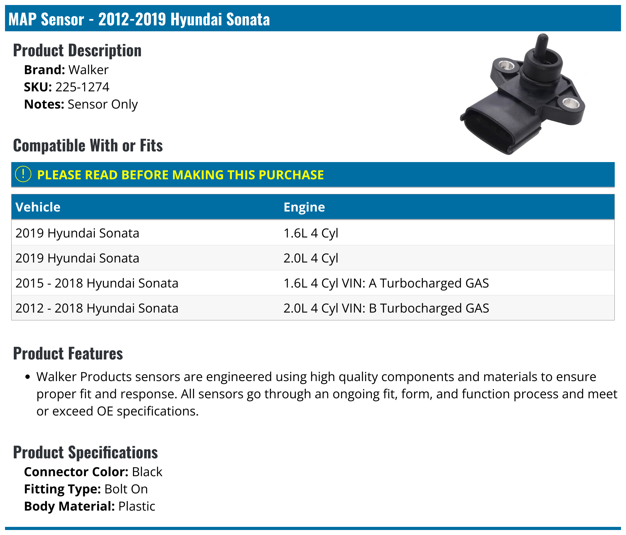 2012-2019 Hyundai Sonata MAP Sensor - Walker 225-1274 - PartsGeek.com