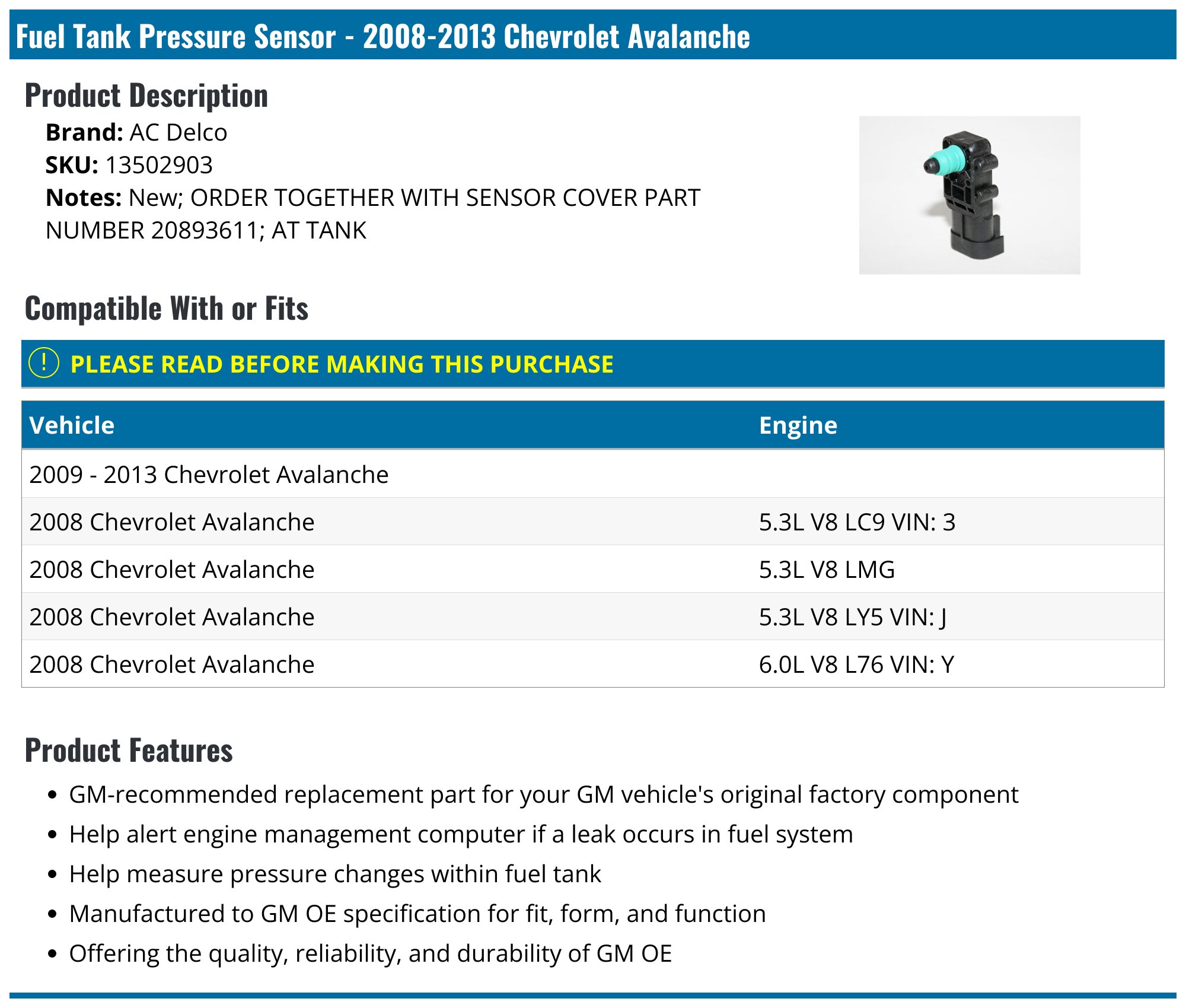 2008-2013 Chevrolet Avalanche Fuel Tank Pressure Sensor - AC Delco ...