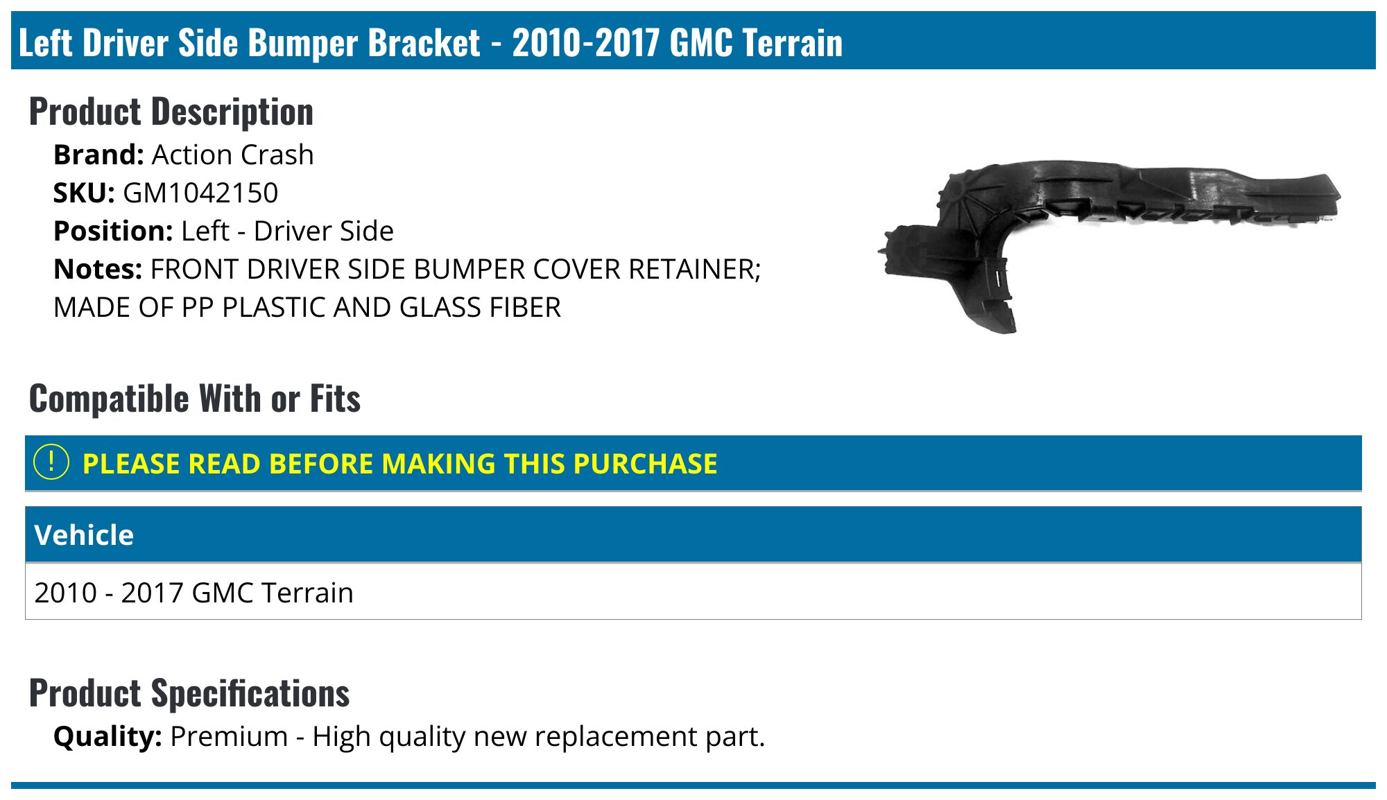 2010-2017 GMC Terrain Bumper Bracket - Action Crash GM1042150 - Left ...