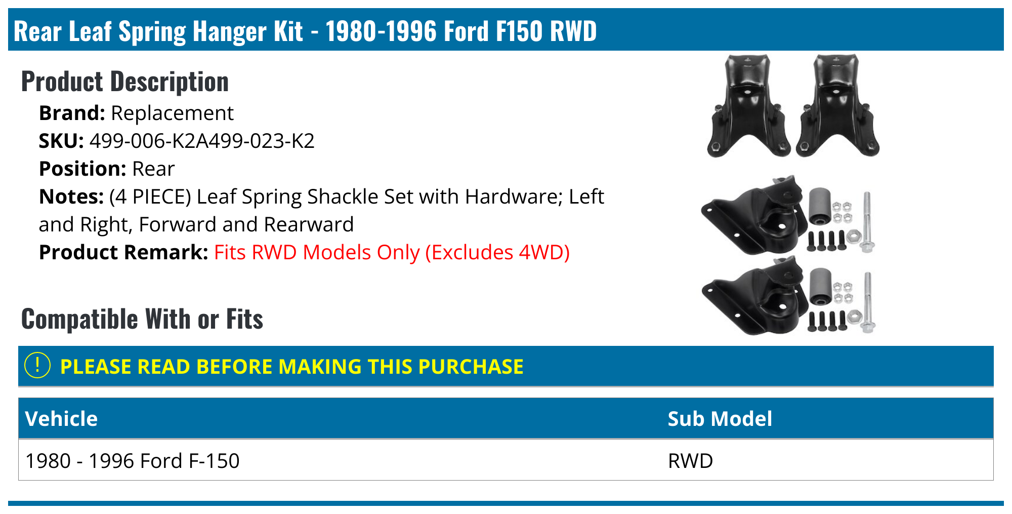 1980-1996 Ford F150 Leaf Spring Hanger - Replacement 499-006-K2A499-023 ...