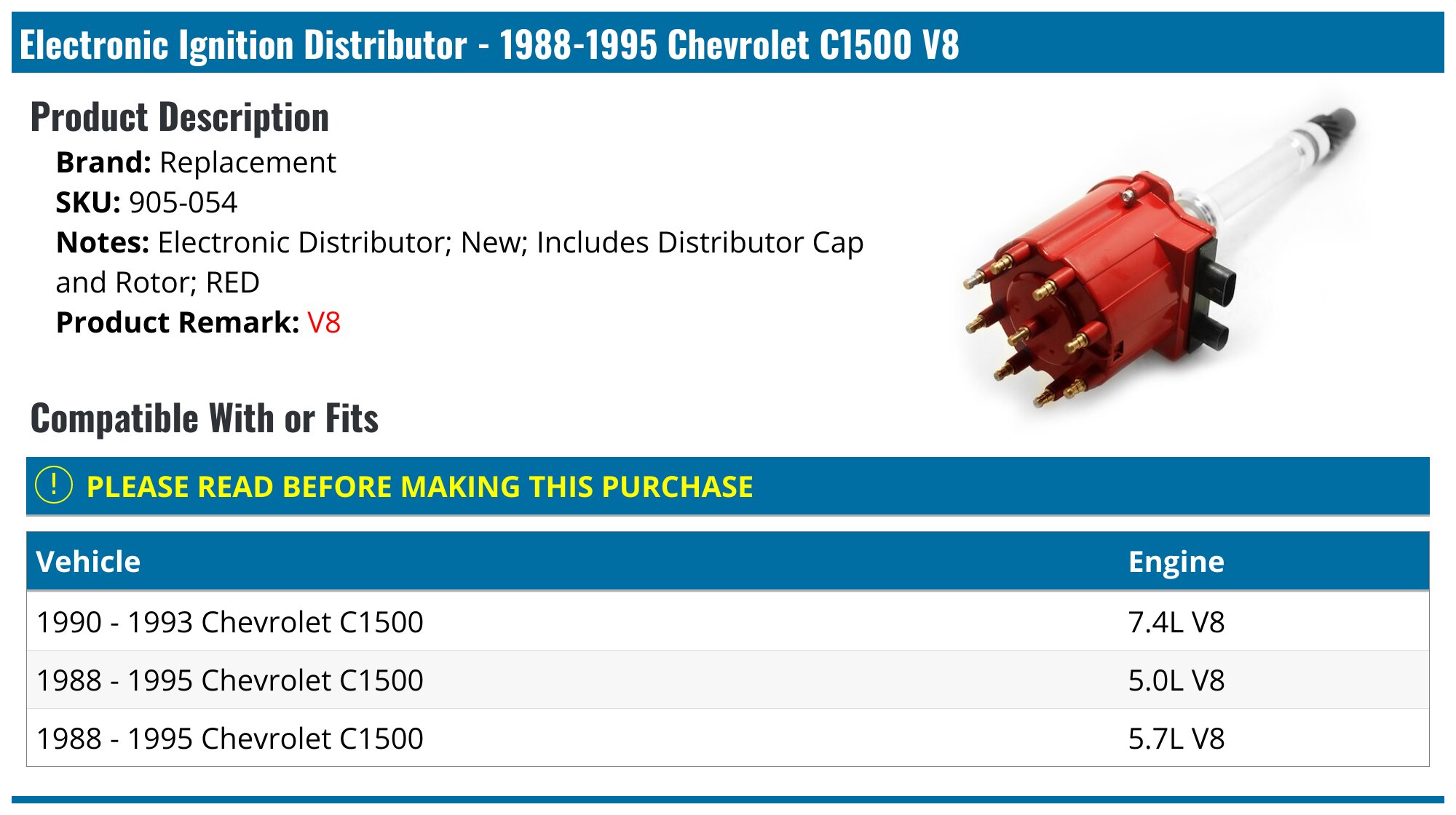 1988-1995 Chevrolet C1500 Ignition Distributor - Replacement 905-054 ...